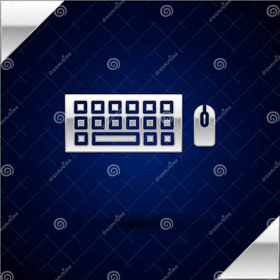 Silver Computer Keyboard and Mouse Icon Isolated on Dark Blue ...