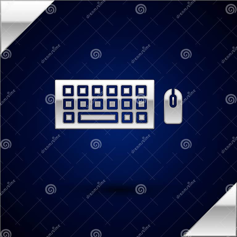 Silver Computer Keyboard and Mouse Icon Isolated on Dark Blue ...