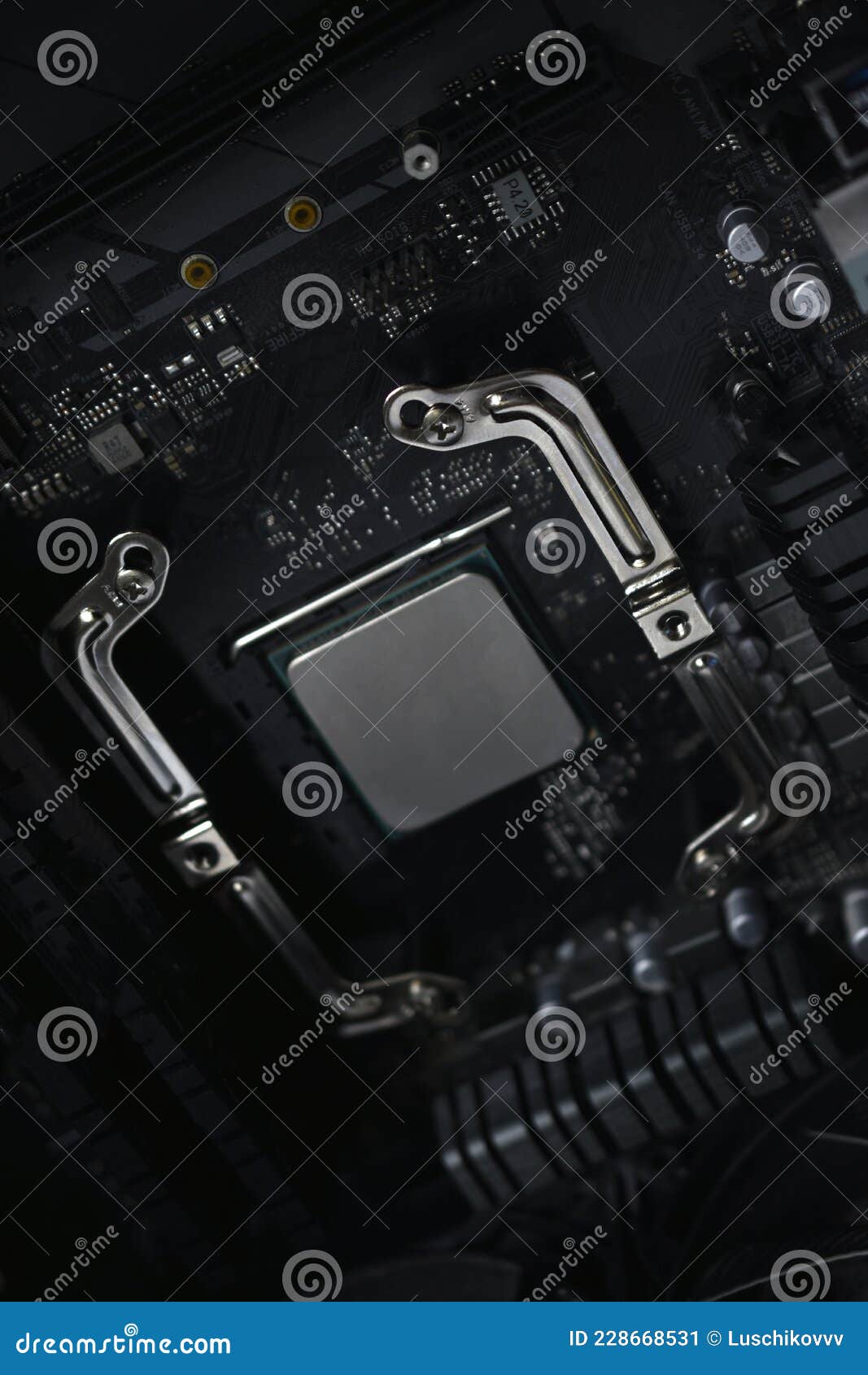Silver Computer Processor on a Black Motherboard Stock Image - Image of ...
