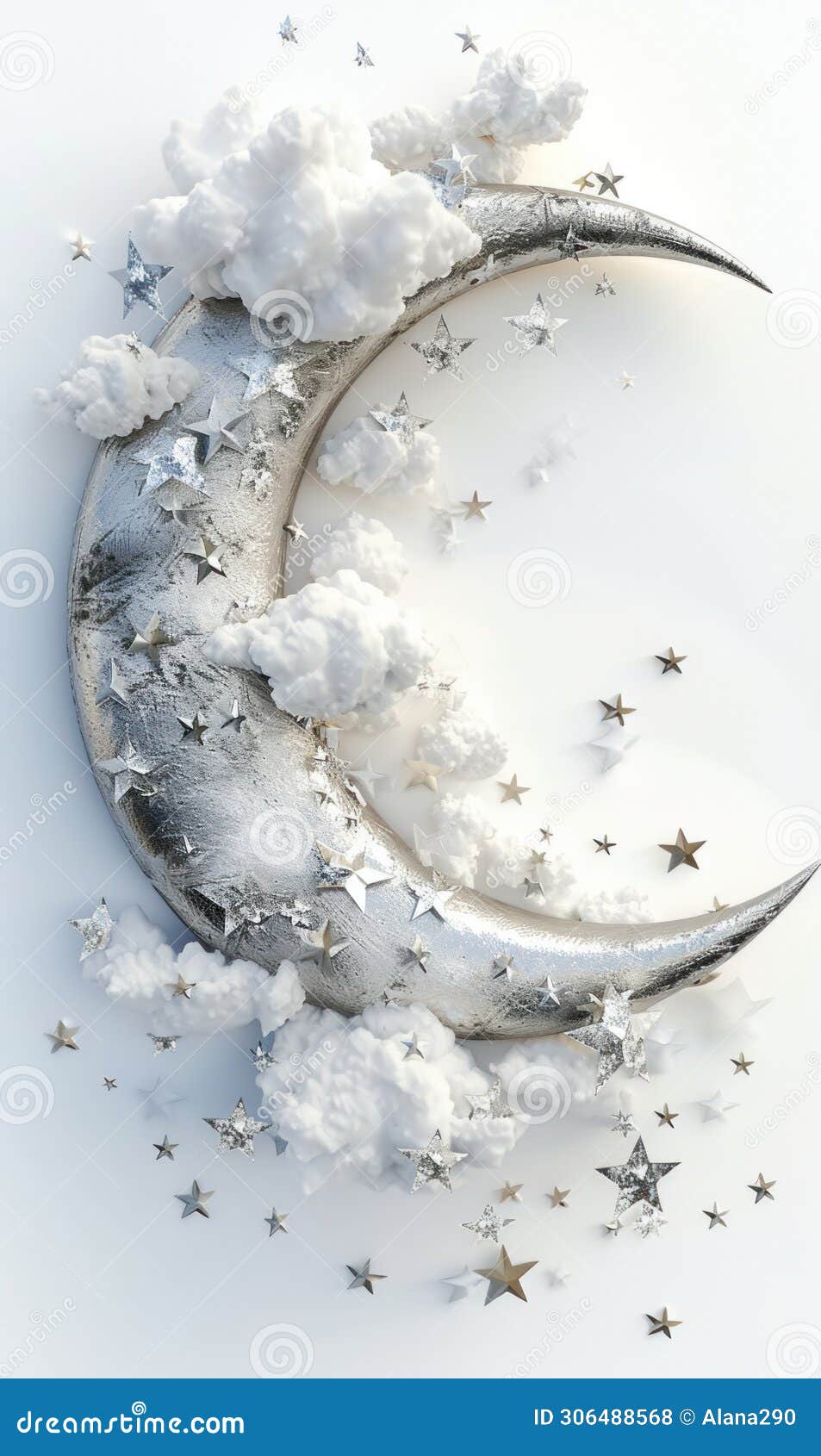 Silver Crescent Moon with Stars and White Clouds on White Background ...