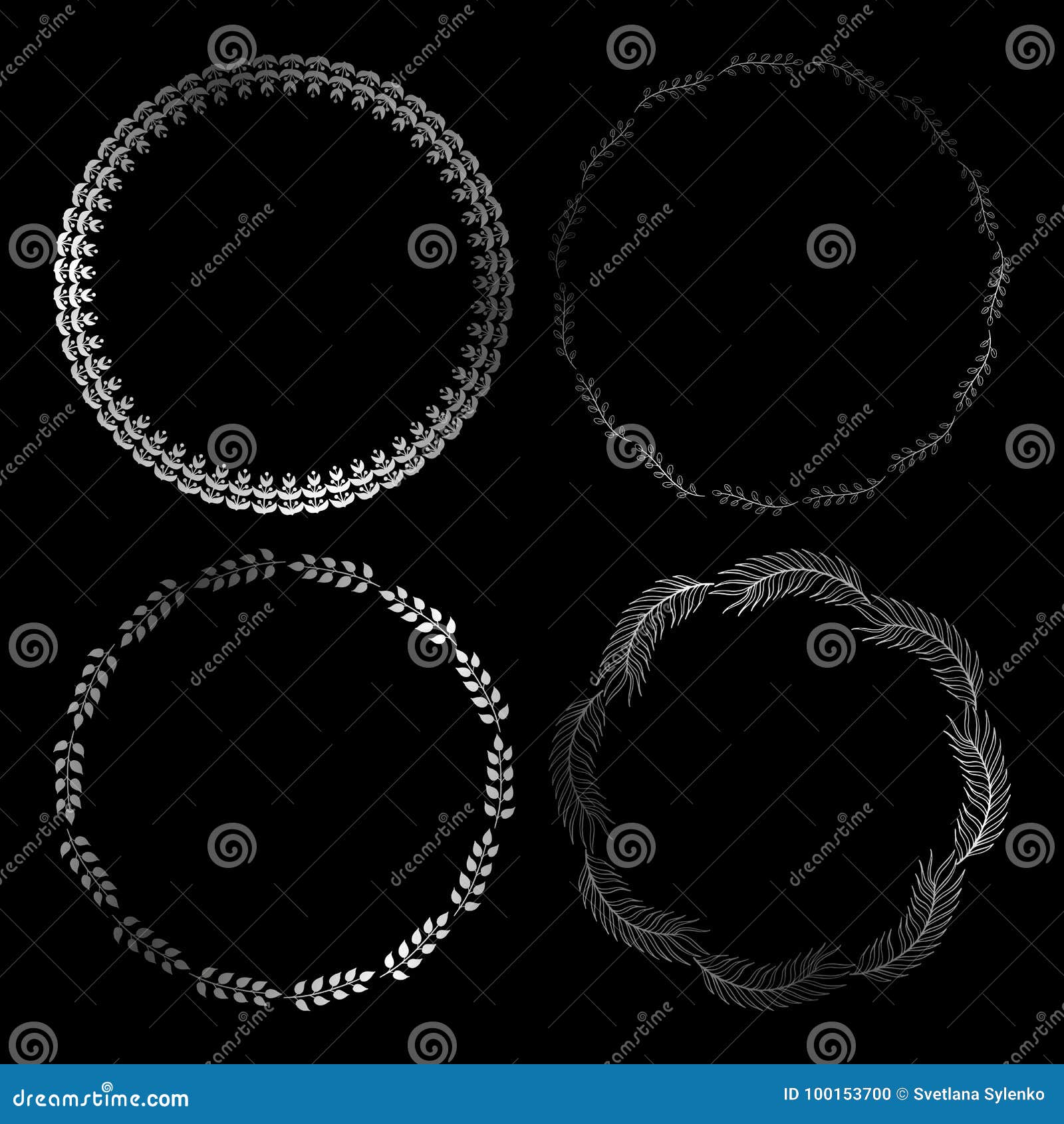 Silver Cute Round Frame. Vector Wreath with Herbs and Leaves Stock ...