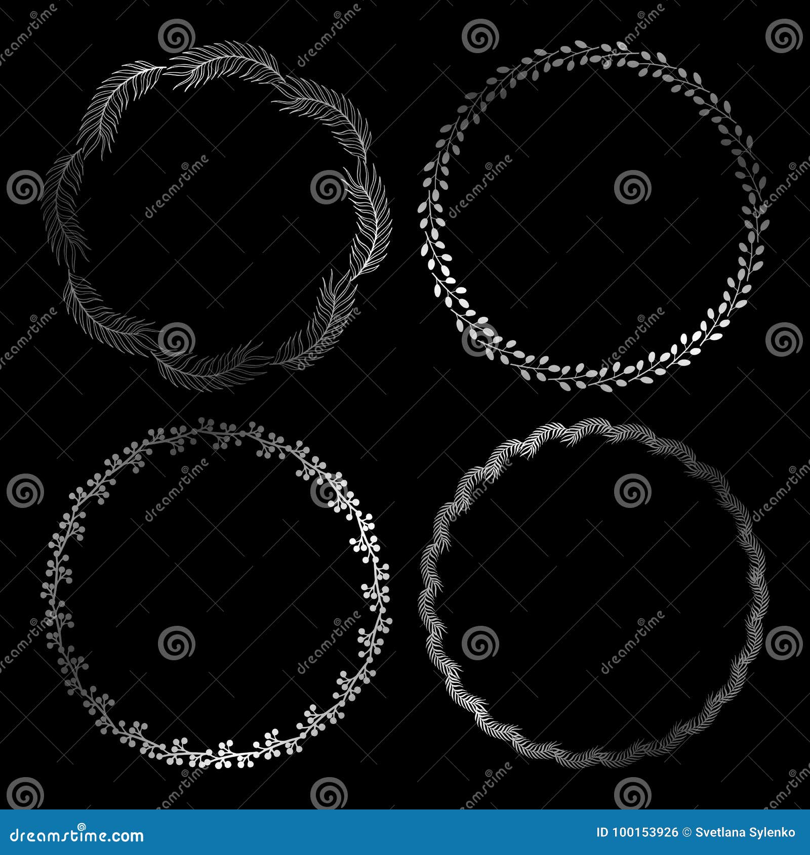 Silver Cute Round Frame. Vector Wreath with Herbs and Leaves Stock ...