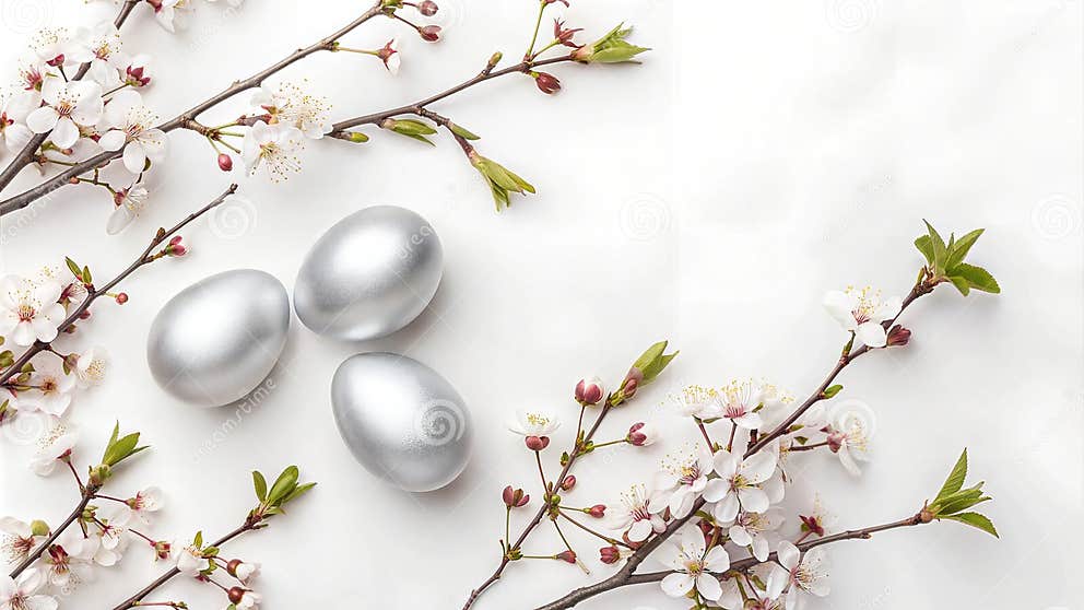 Silver Easter Eggs and Cherry Blossom Branches on White Background ...