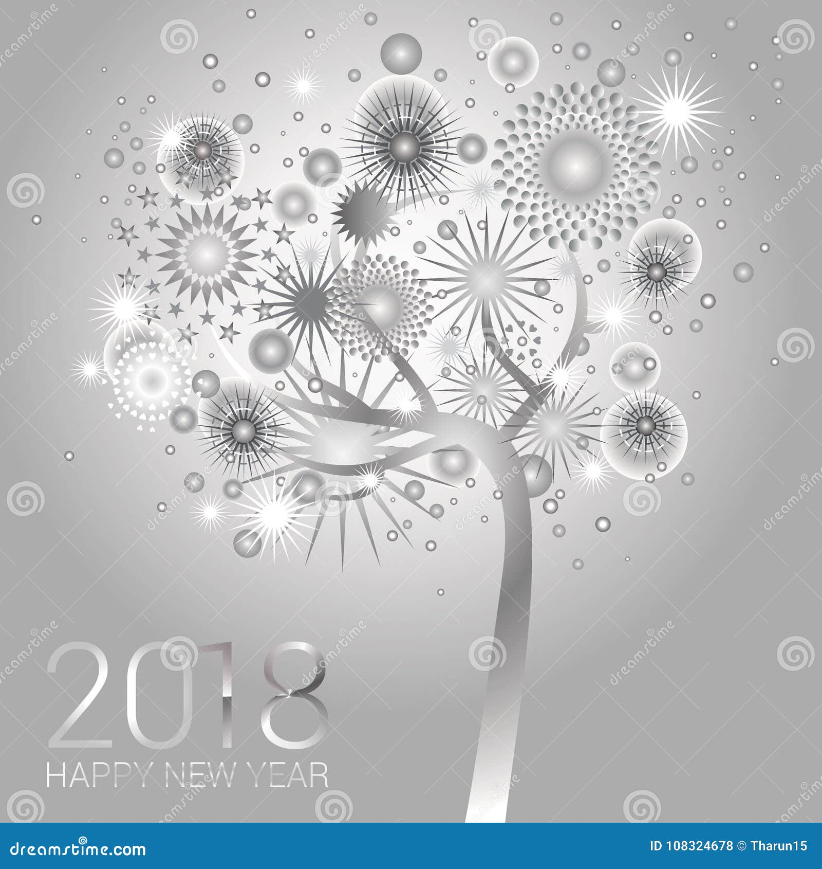 Silver Fireworks on a Happy Glowing Tree Design Stock Illustration ...