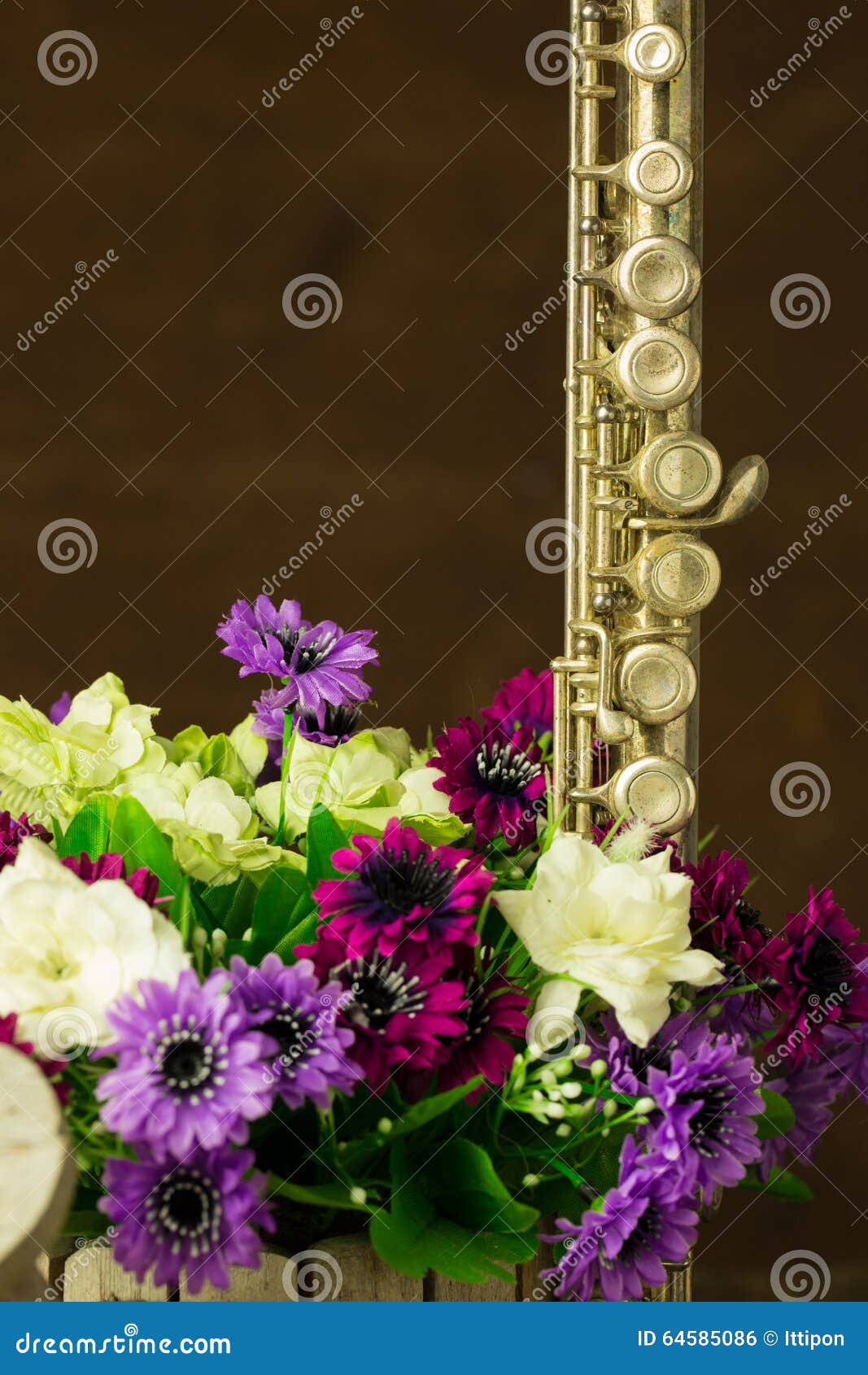 Silver flute and flower stock photo. Image of flute, note - 64585086