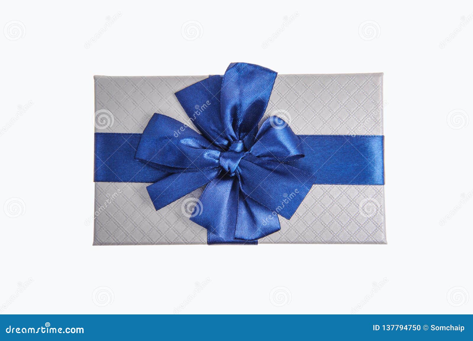 Silver Gift Box with Blue Ribbon Bow Isolated on White Background Stock ...