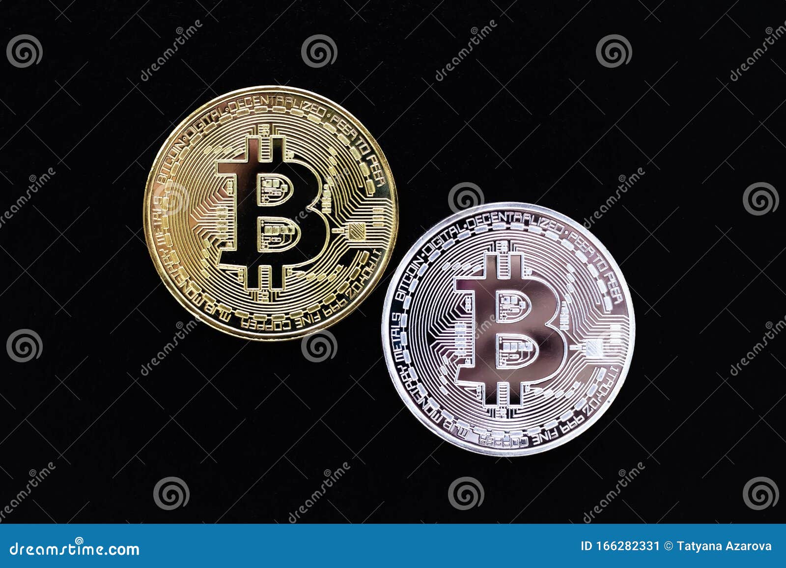 Silver and Gold Bitcoins on Black Background. Bitcoin Mining Concept. a ...