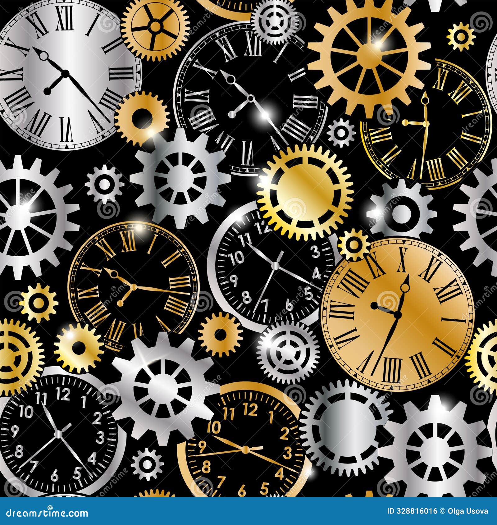 Silver and Gold Metallic Mechanical Gears and Clocks Seamless Pattern ...