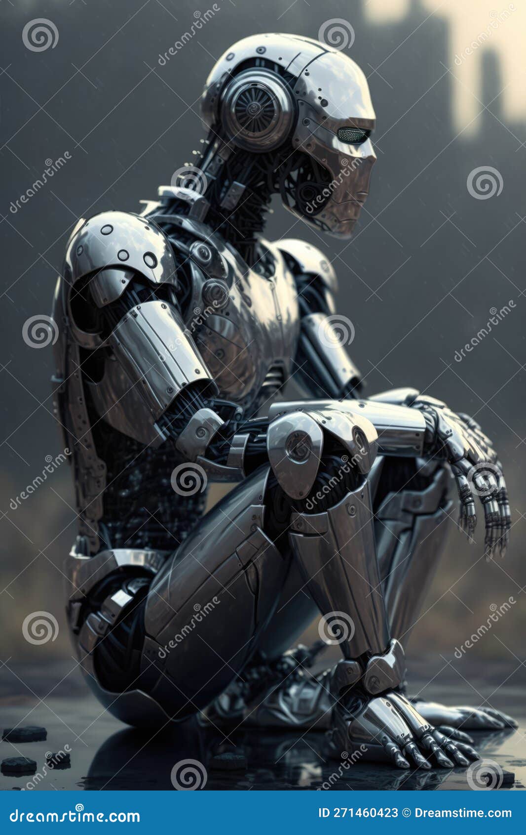 Silver Human Robot Sitting and Thinking in City, Created Using ...
