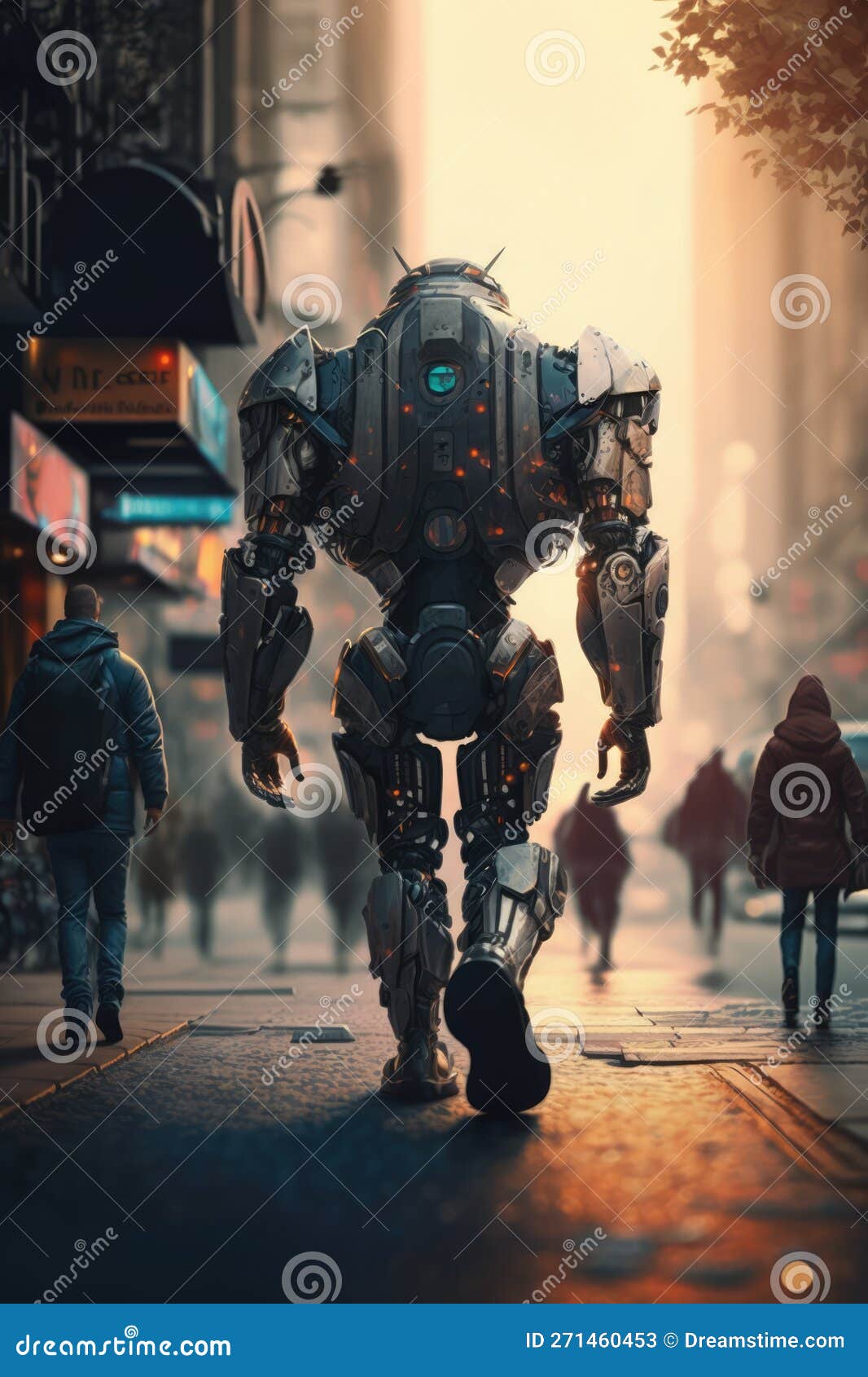Silver Human Robot Walking with Other People in City, Created Using ...