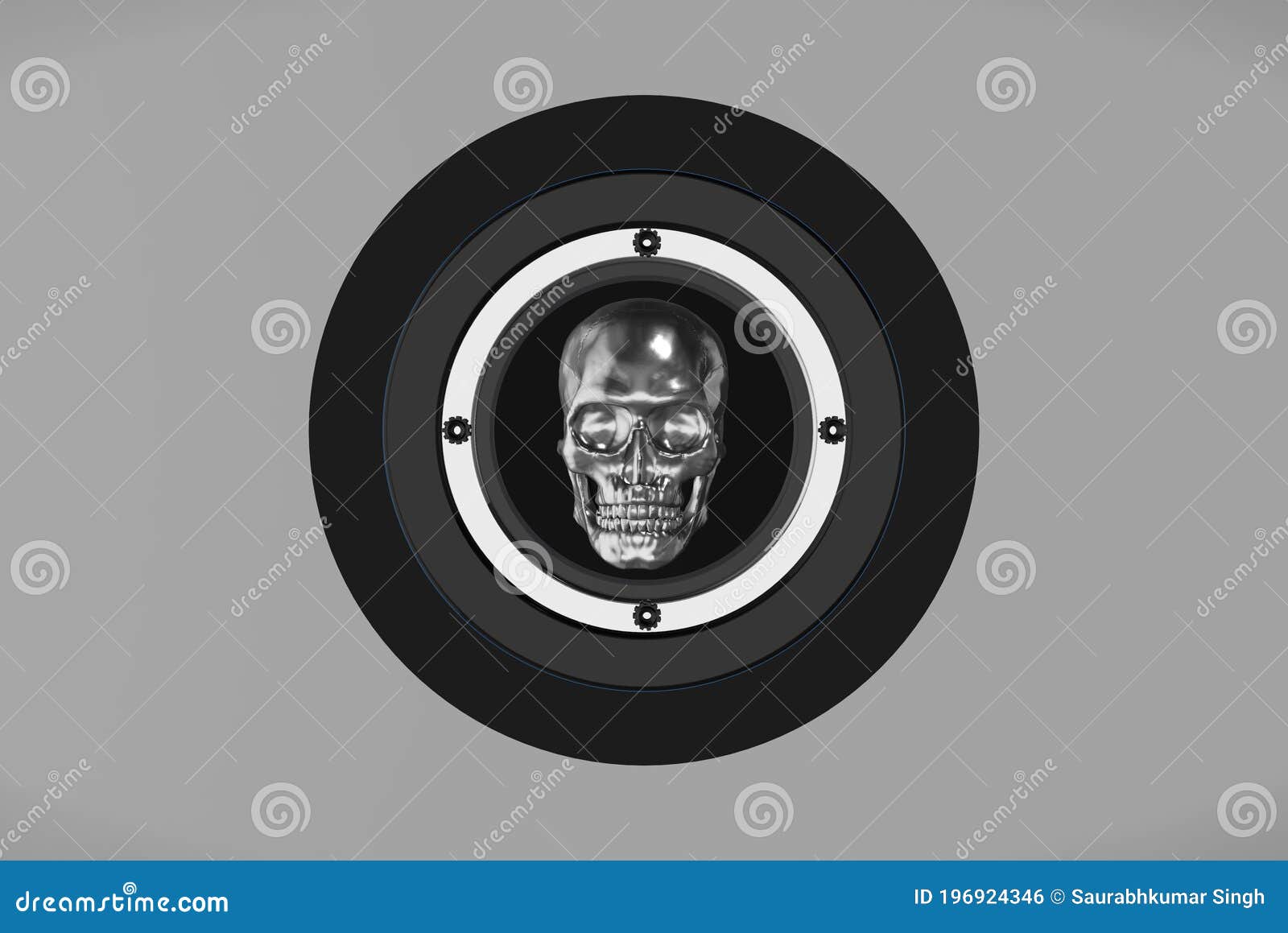 Silver Human Skull Inside a Circular Disk Window Stock Illustration ...