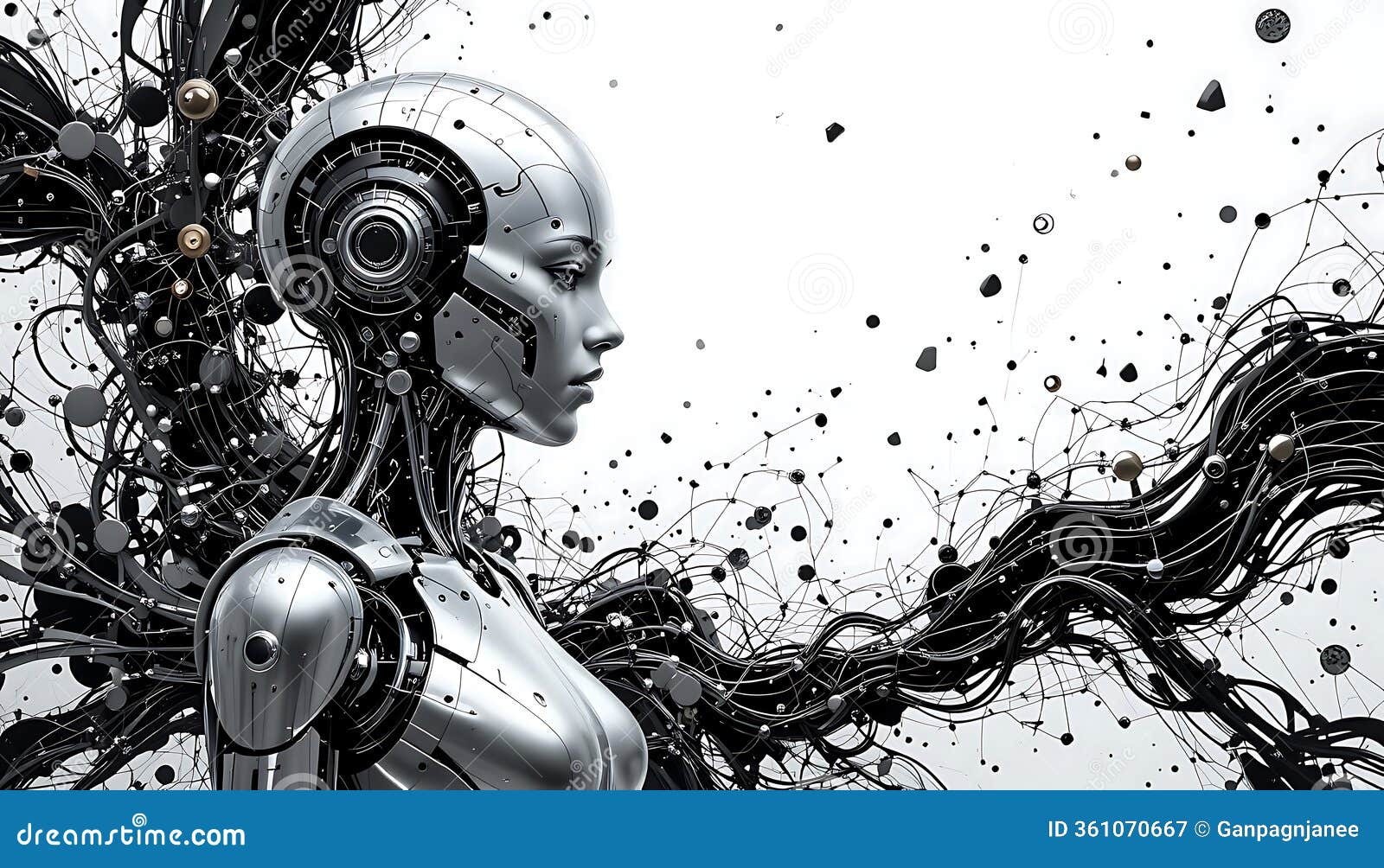 Silver Humanoid Robots in Black, White Abstract Tecnology Background ...