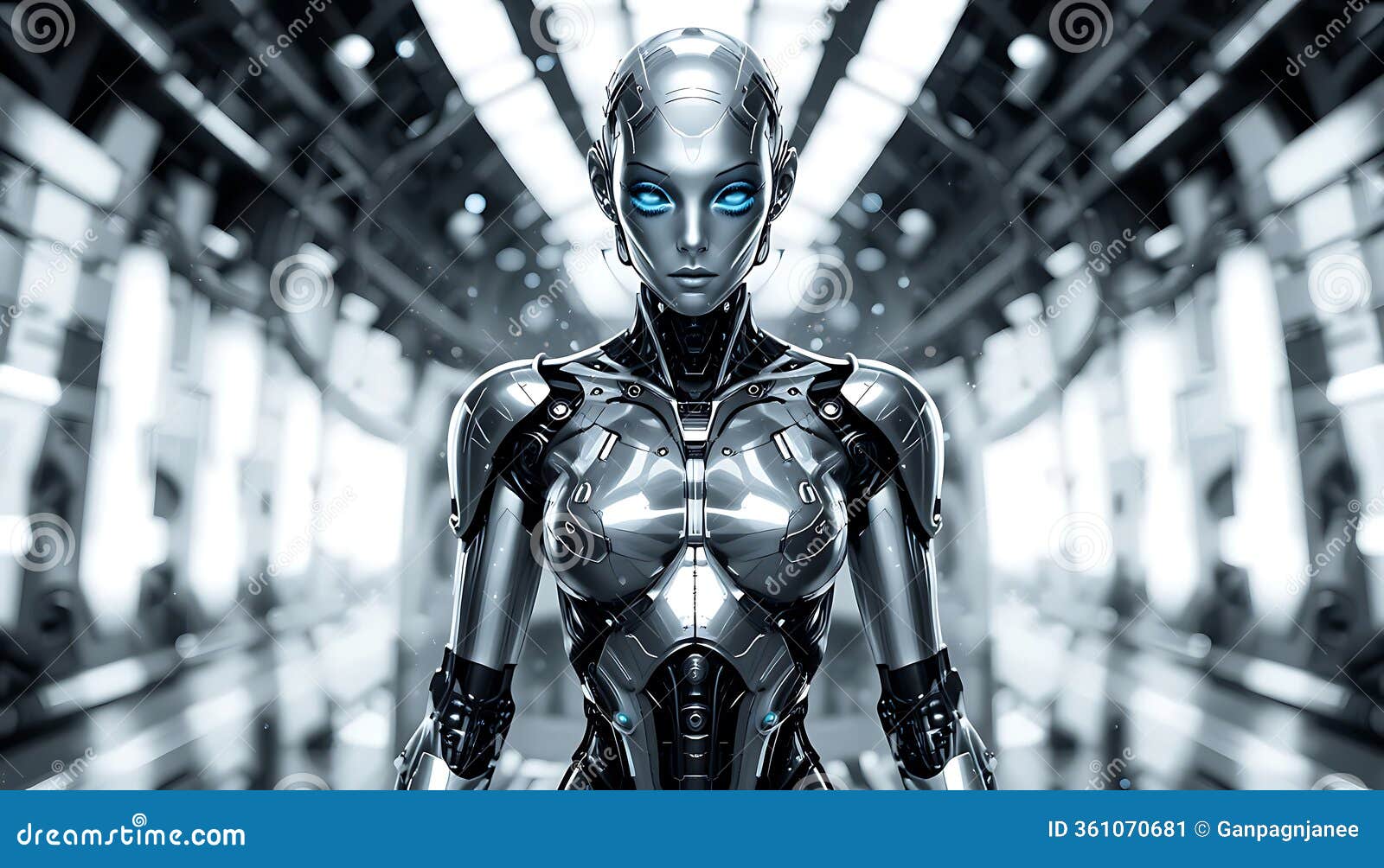Silver Humanoid Robots in Black, White Abstract Tecnology Background ...