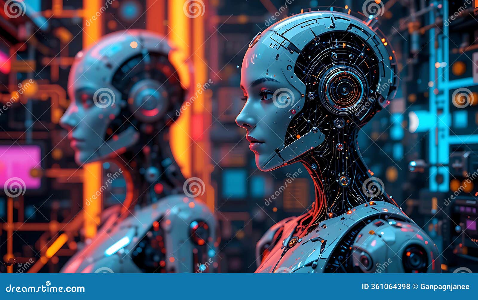 Silver Humanoid Robots in a Neon-lit, High-tech Environment. AI Robots ...
