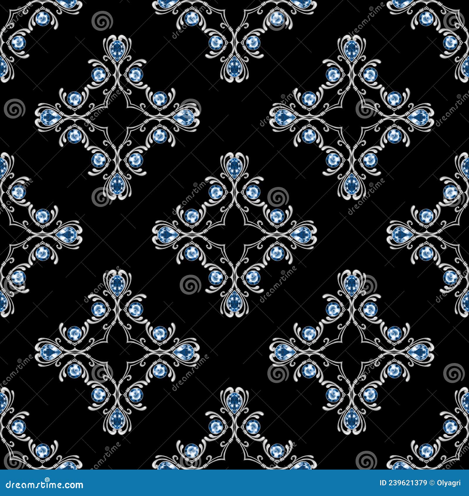 Silver Jewelry Seamless Border. Luxury Pattern with Blue Gems Stock ...