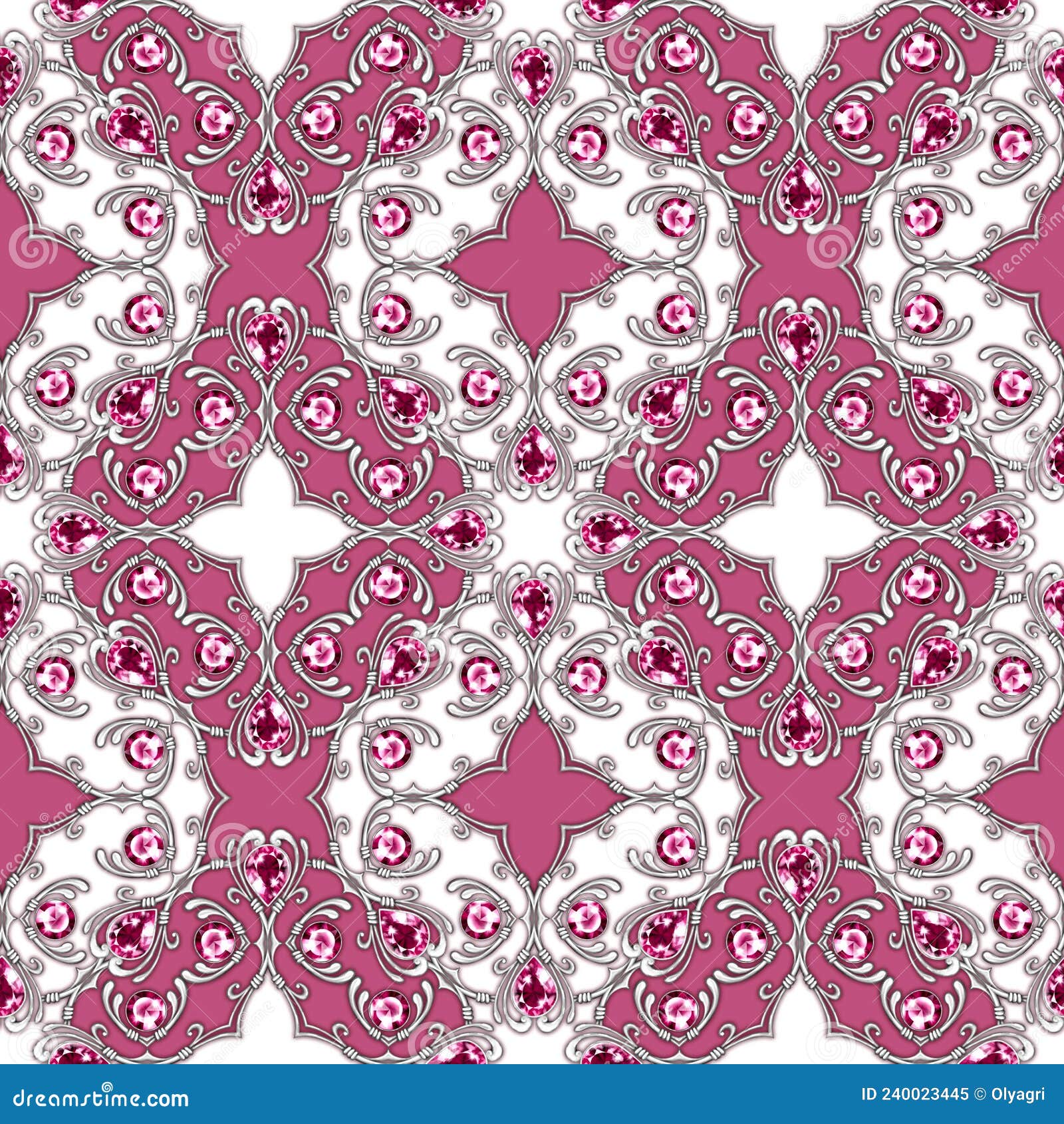 Silver Jewelry Seamless Pattern with Pink Gems. Luxury Background ...