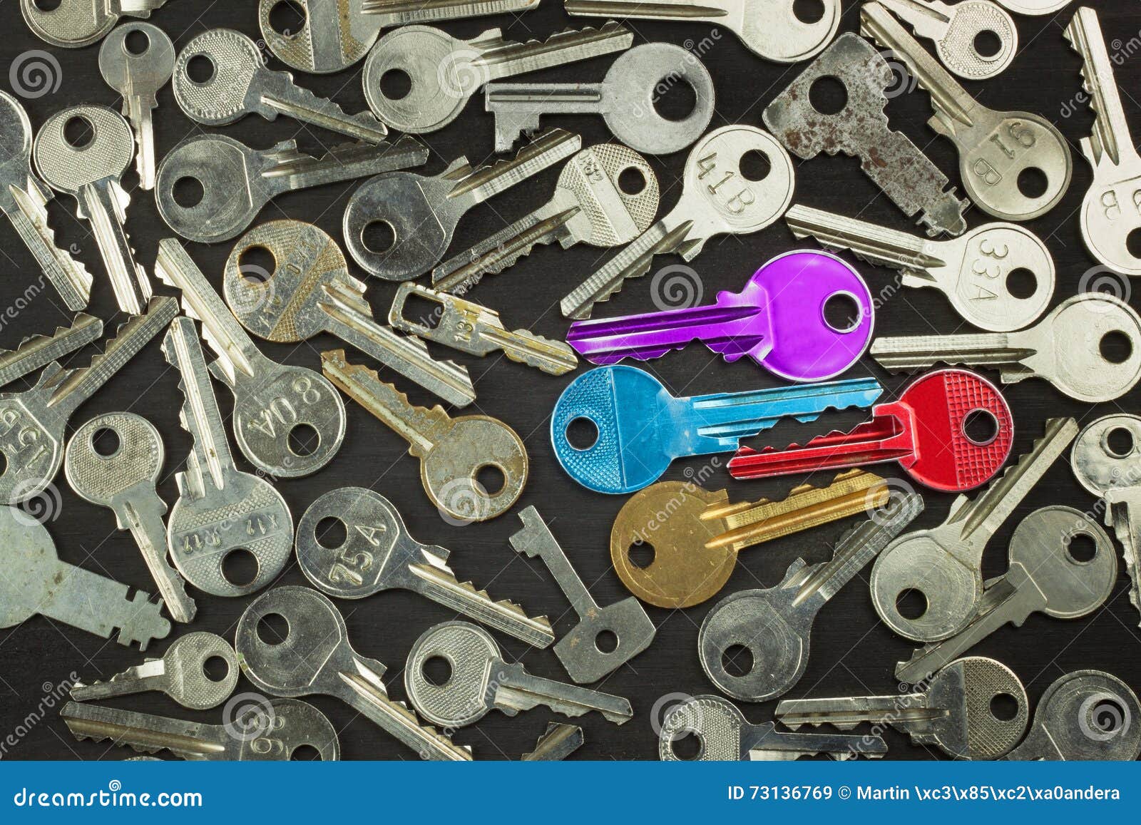 Silver Keys and Color on Dark Wooden Board. Different Types of Keys ...