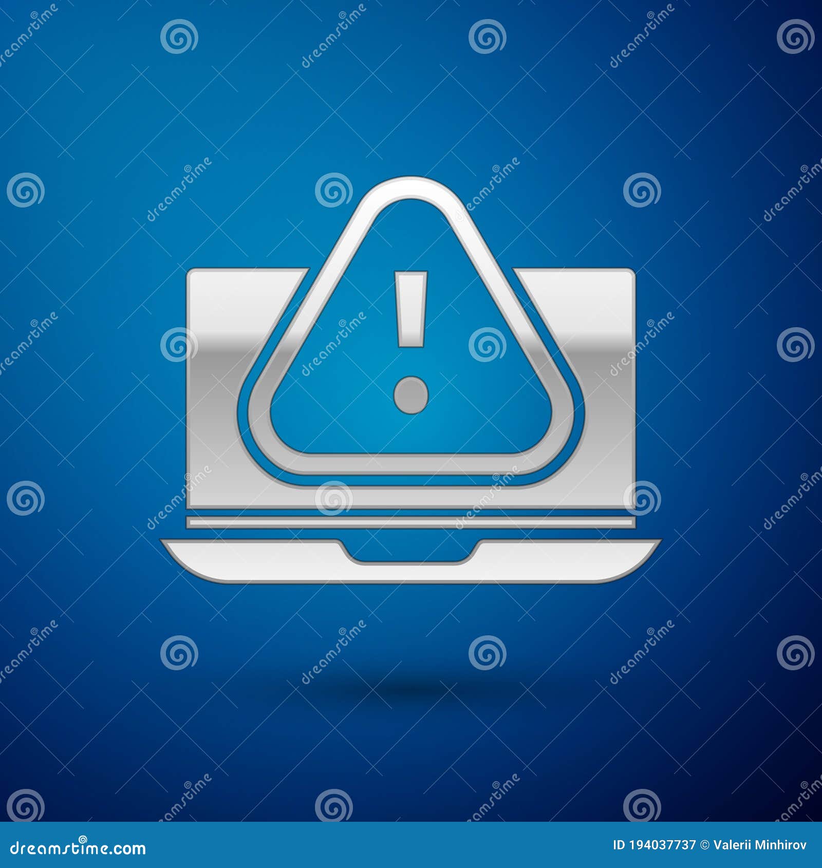 Silver Laptop with Exclamation Mark Icon Isolated on Blue Background ...