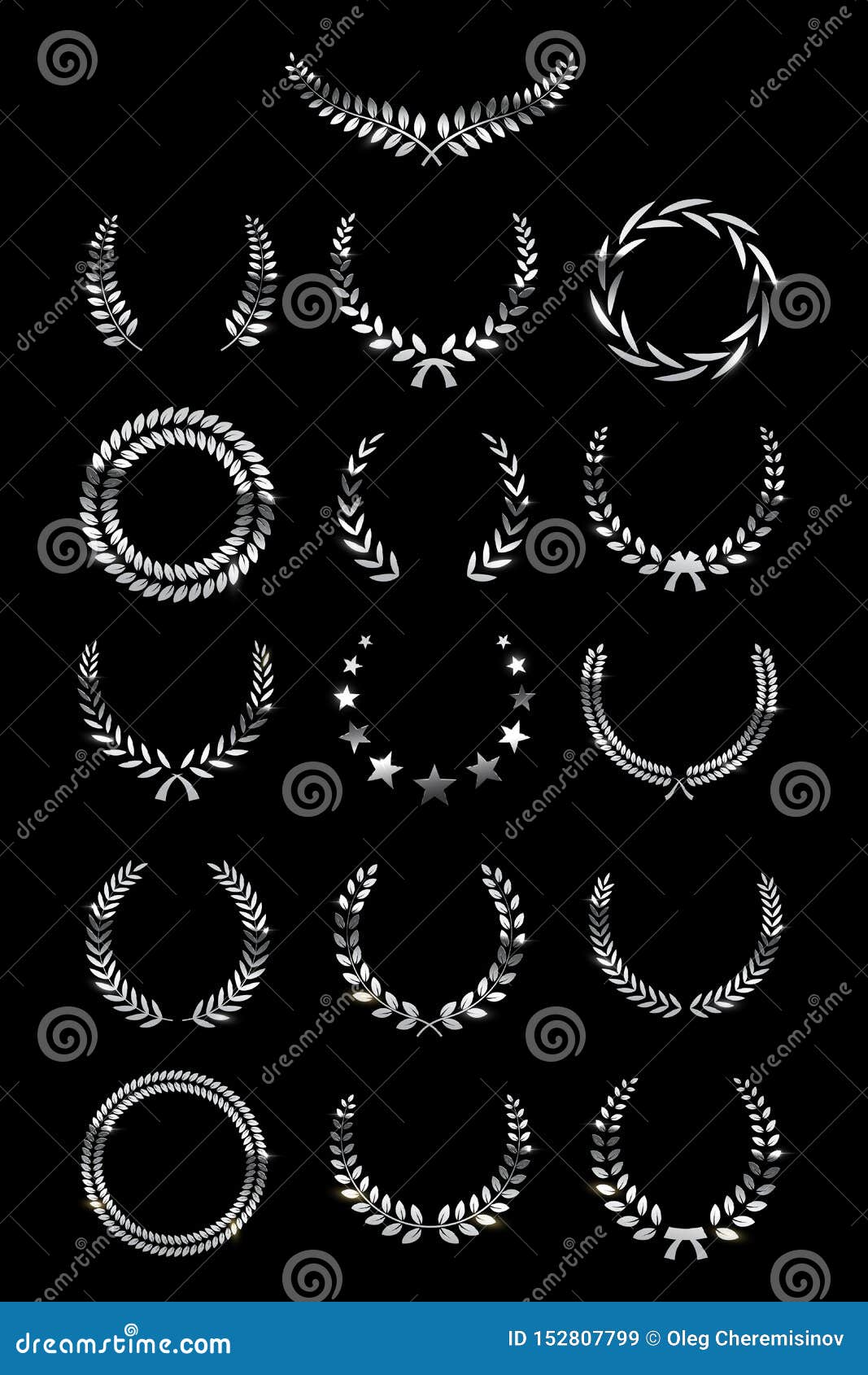 Silver Laurel Wreaths Isolated on Black Background. Vector Design ...