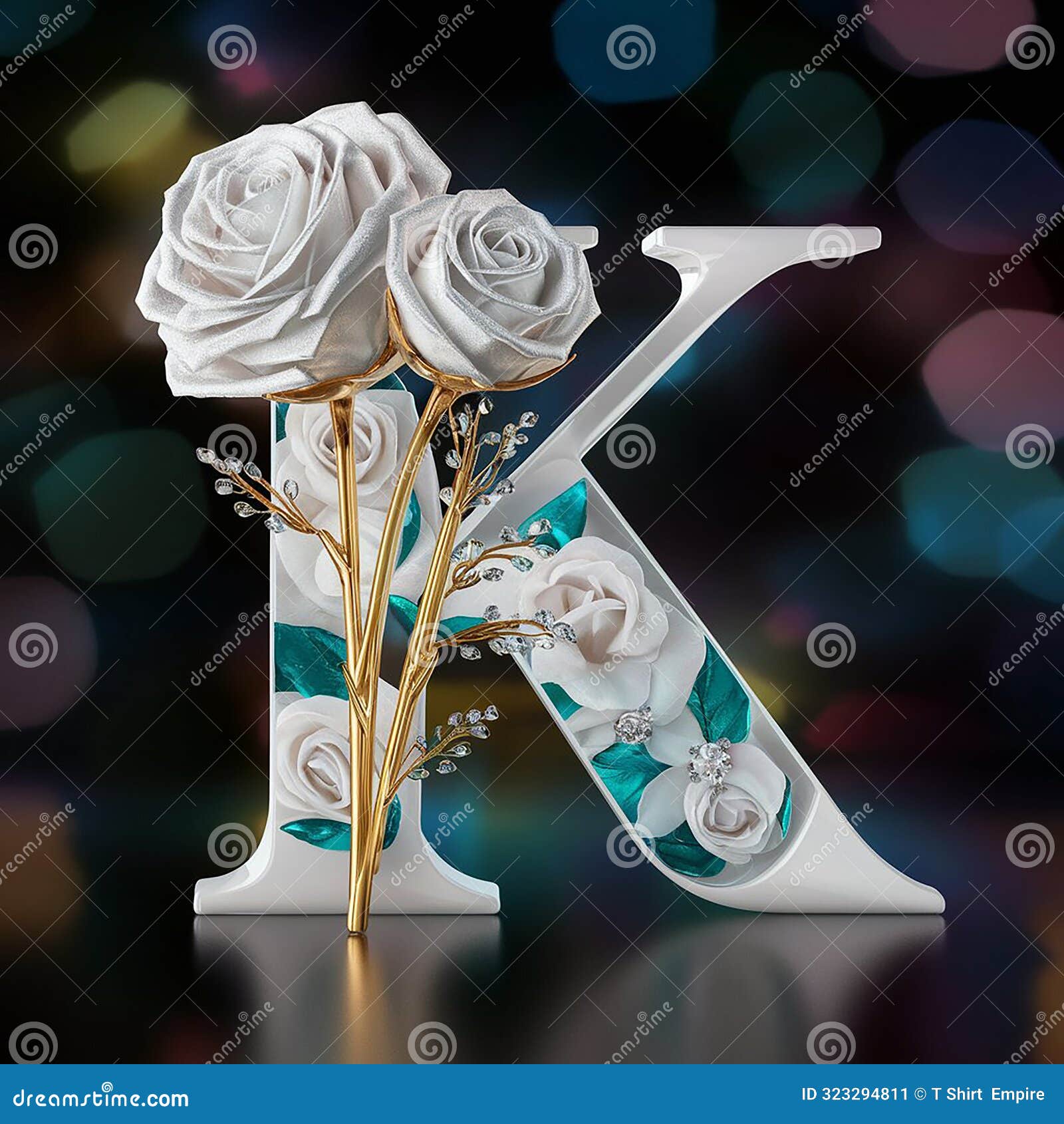 A Silver Letter K is on a Silver Stand with Roses Stock Illustration ...
