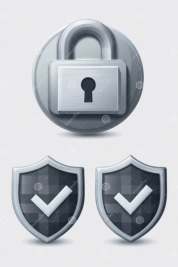 Silver Lock with a Key and a Silver Shield with a Check Mark Stock ...