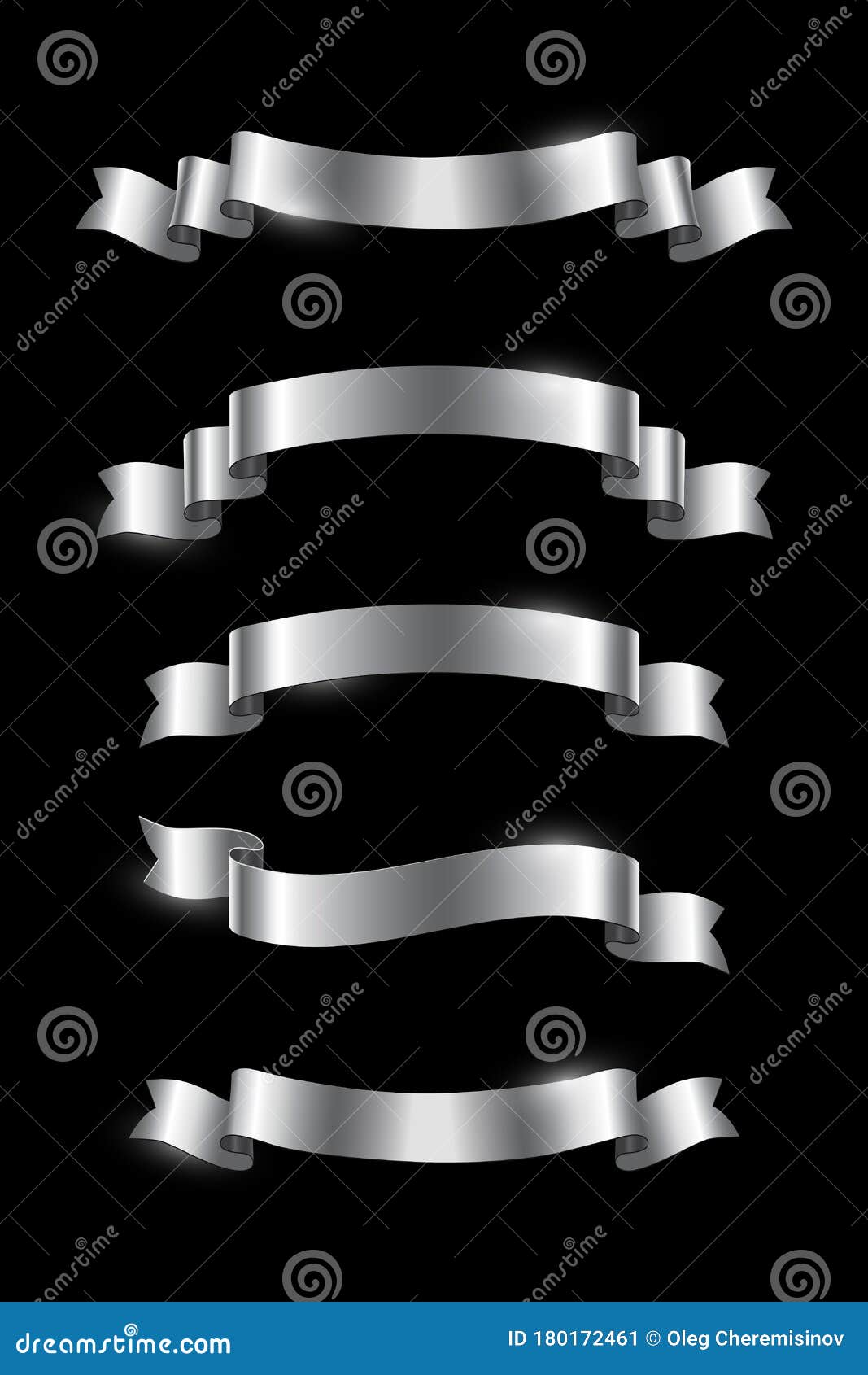 Silver Luxury Ribbons Set. Vector Design Elements Isolated on Black ...