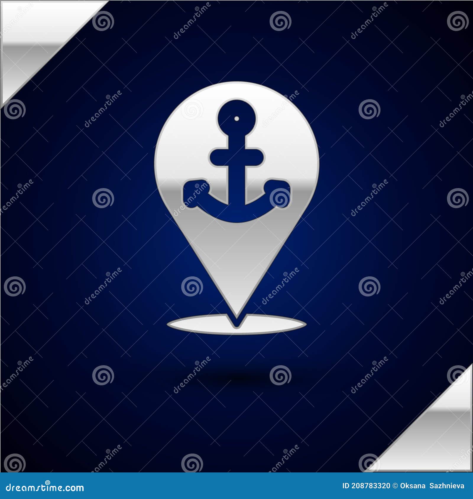 Silver Map Pointer with Anchor Icon Isolated on Dark Blue Background ... Silver Map Pointer with Anchor Icon Isolated on Dark Blue Background ...