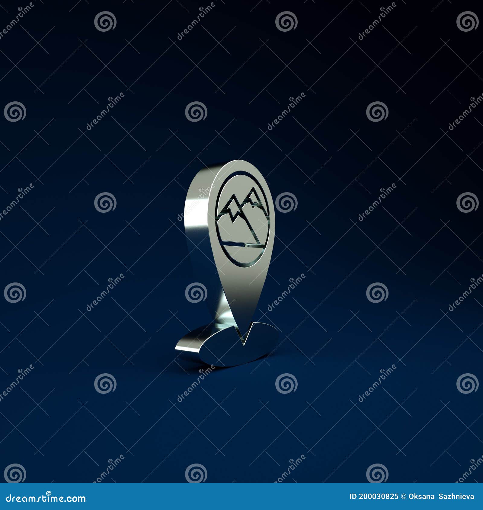 Silver Map Pointer with Mountain Icon Isolated on Blue Background ...