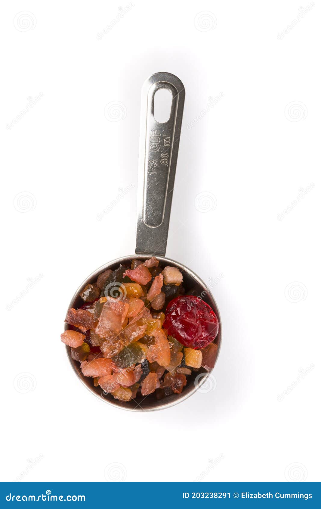 Silver Measuring Cup Containing Fruit Cake Mix Top Down View Stock ...