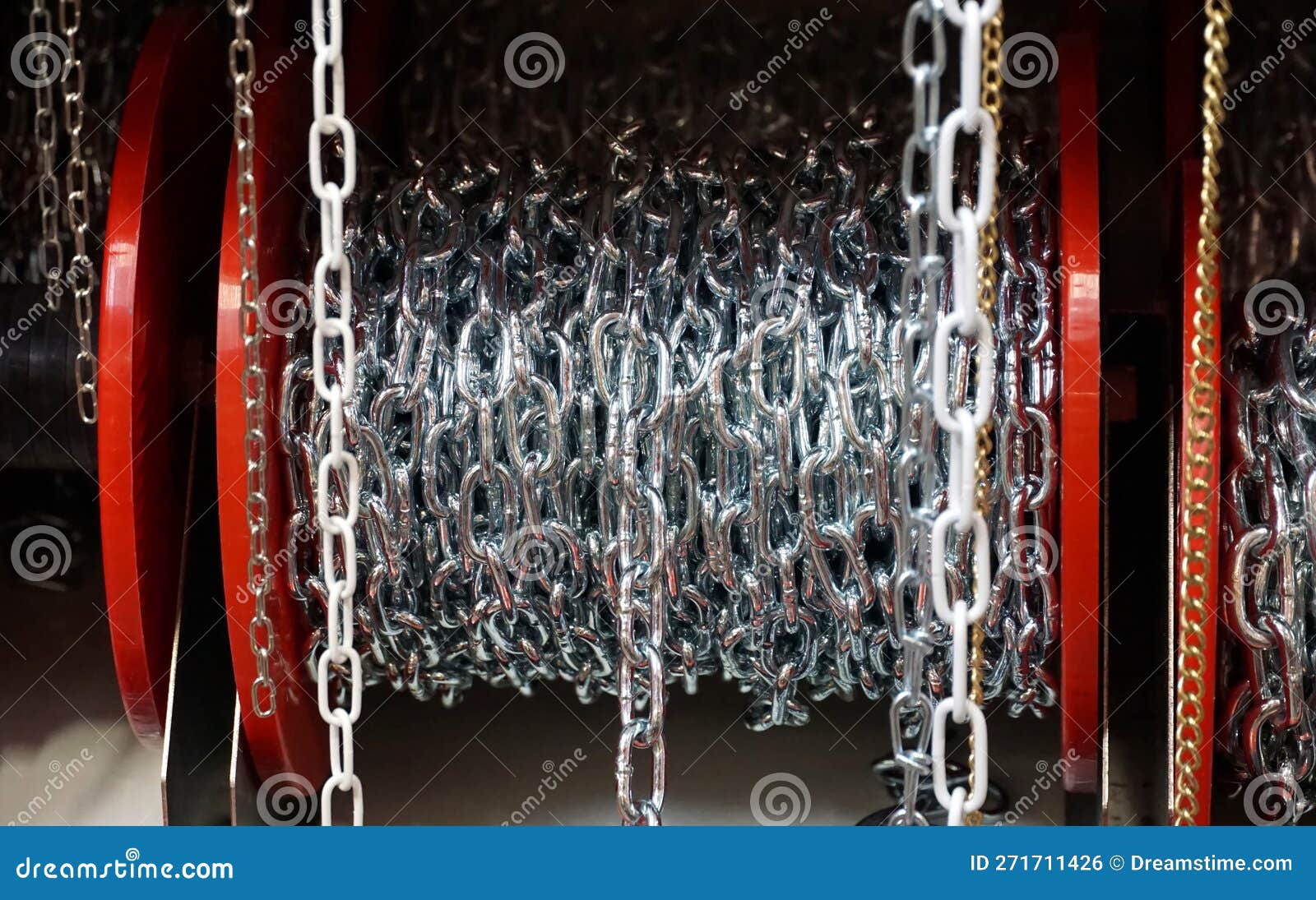 Silver Metal Chains Wound on a Reel and Displayed for Sale Stock Photo ...