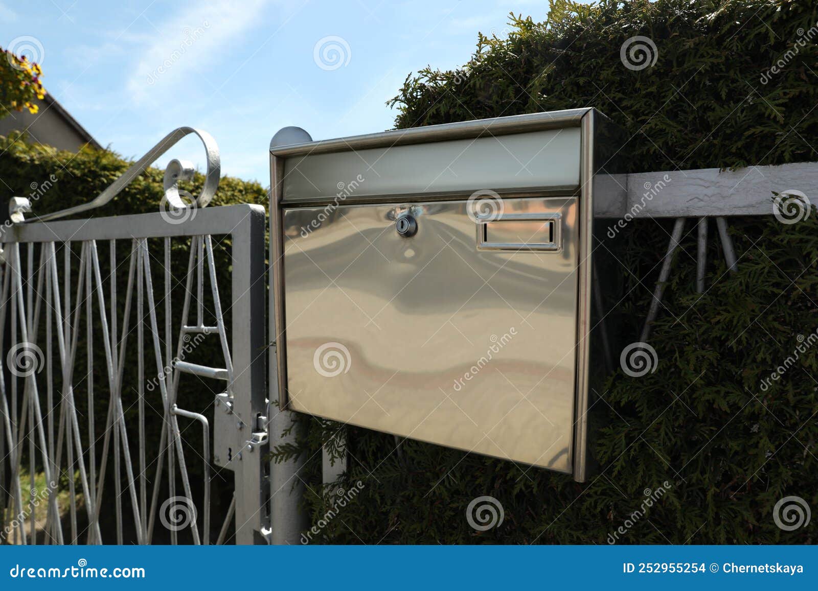 Silver Metal Letter Box on Fence Outdoors Stock Photo - Image of ...