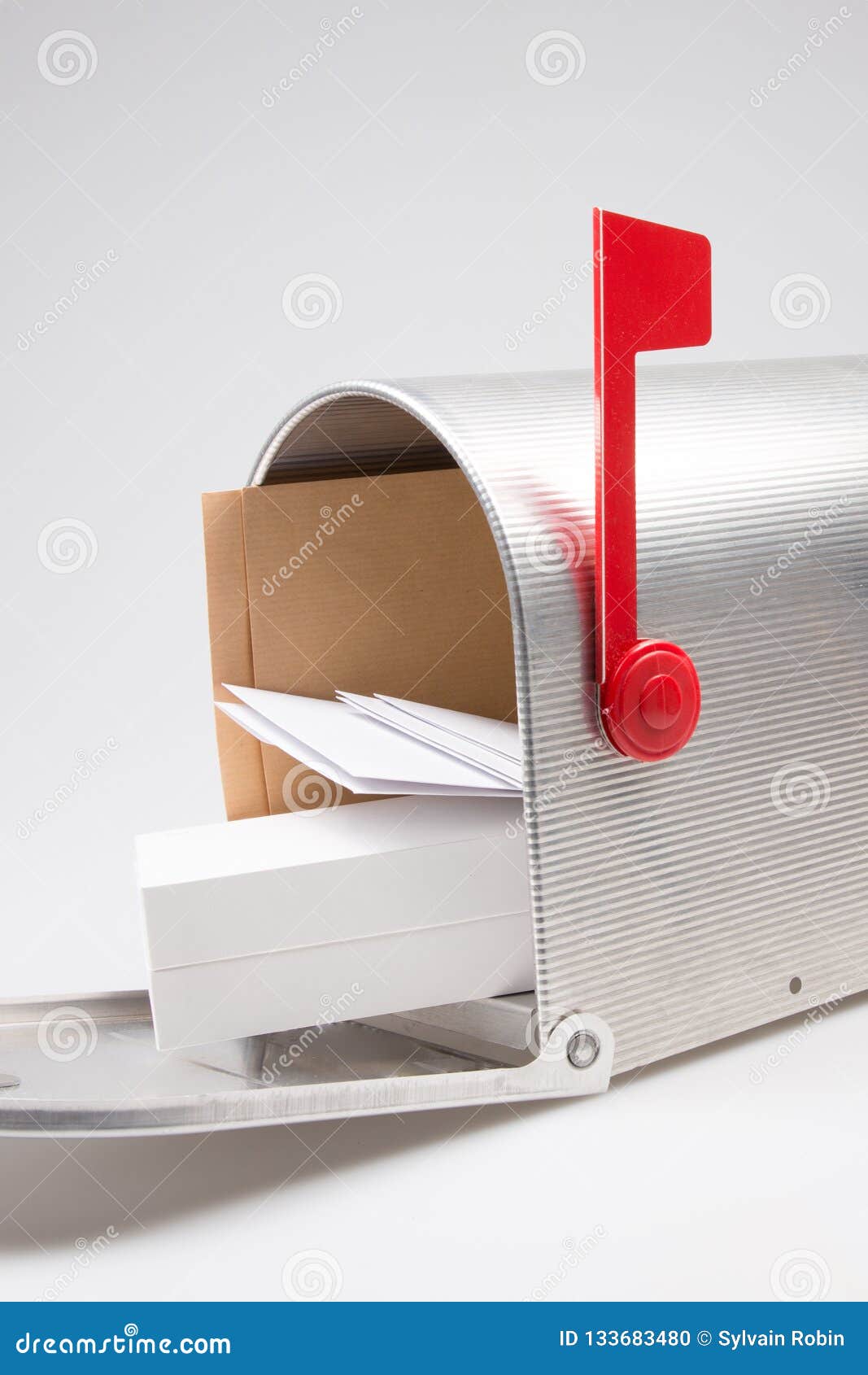 Silver Metal Mailbox Open with Mails and Package Stock Photo - Image of ...
