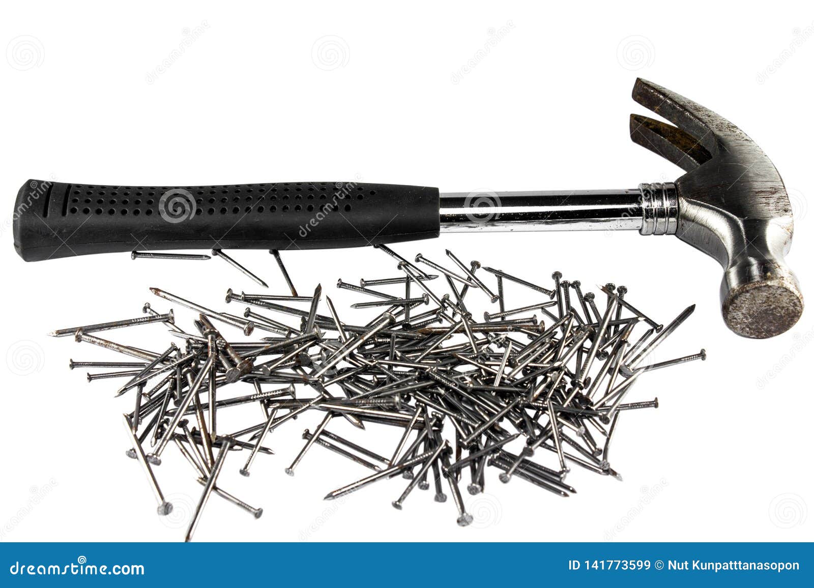 Silver Metal Nails and Silver Hammer Isolated on a White Background ...