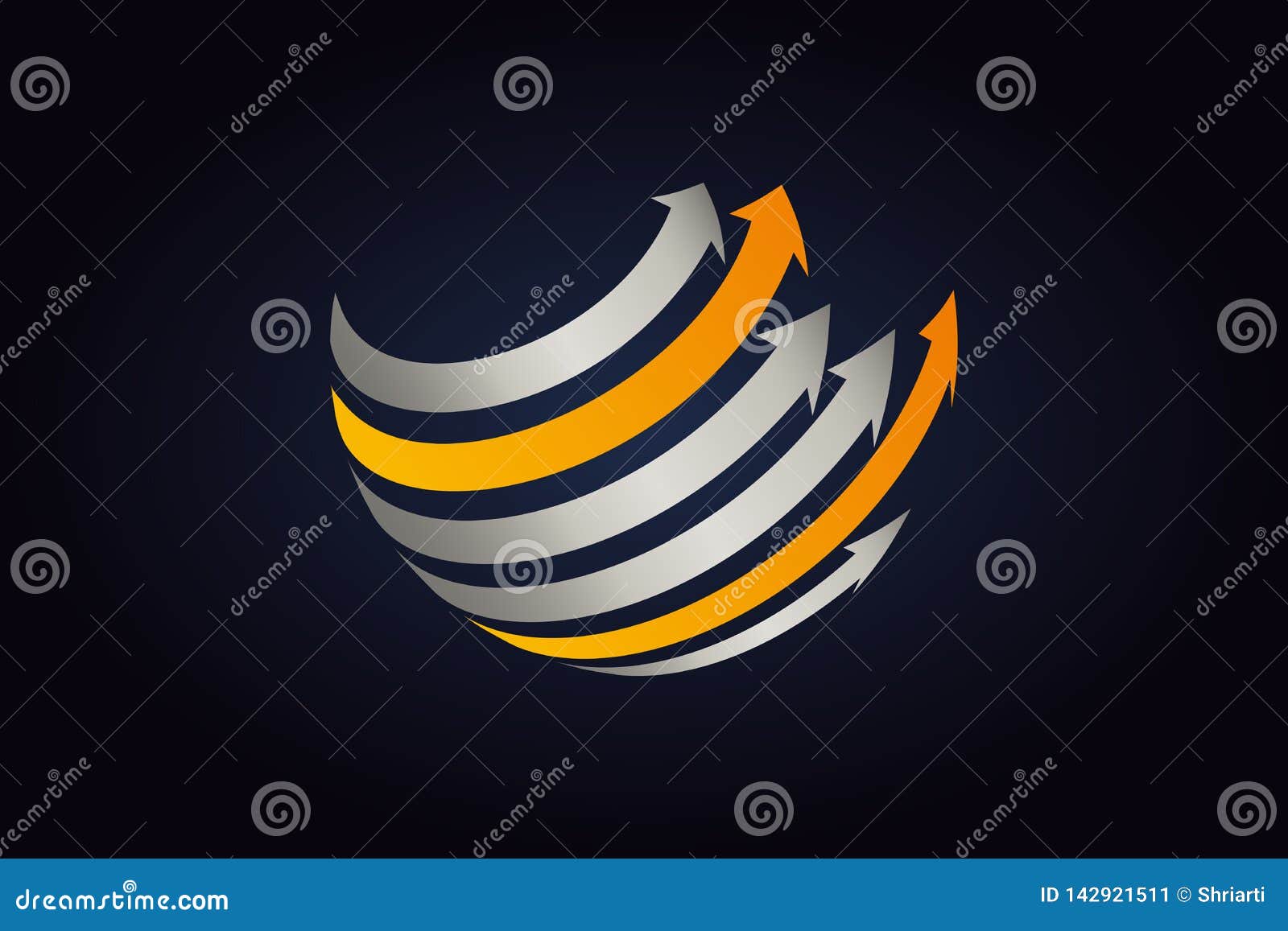 Silver Metal and Orange Arrows Going Around the Sphere Shape. Stock ...