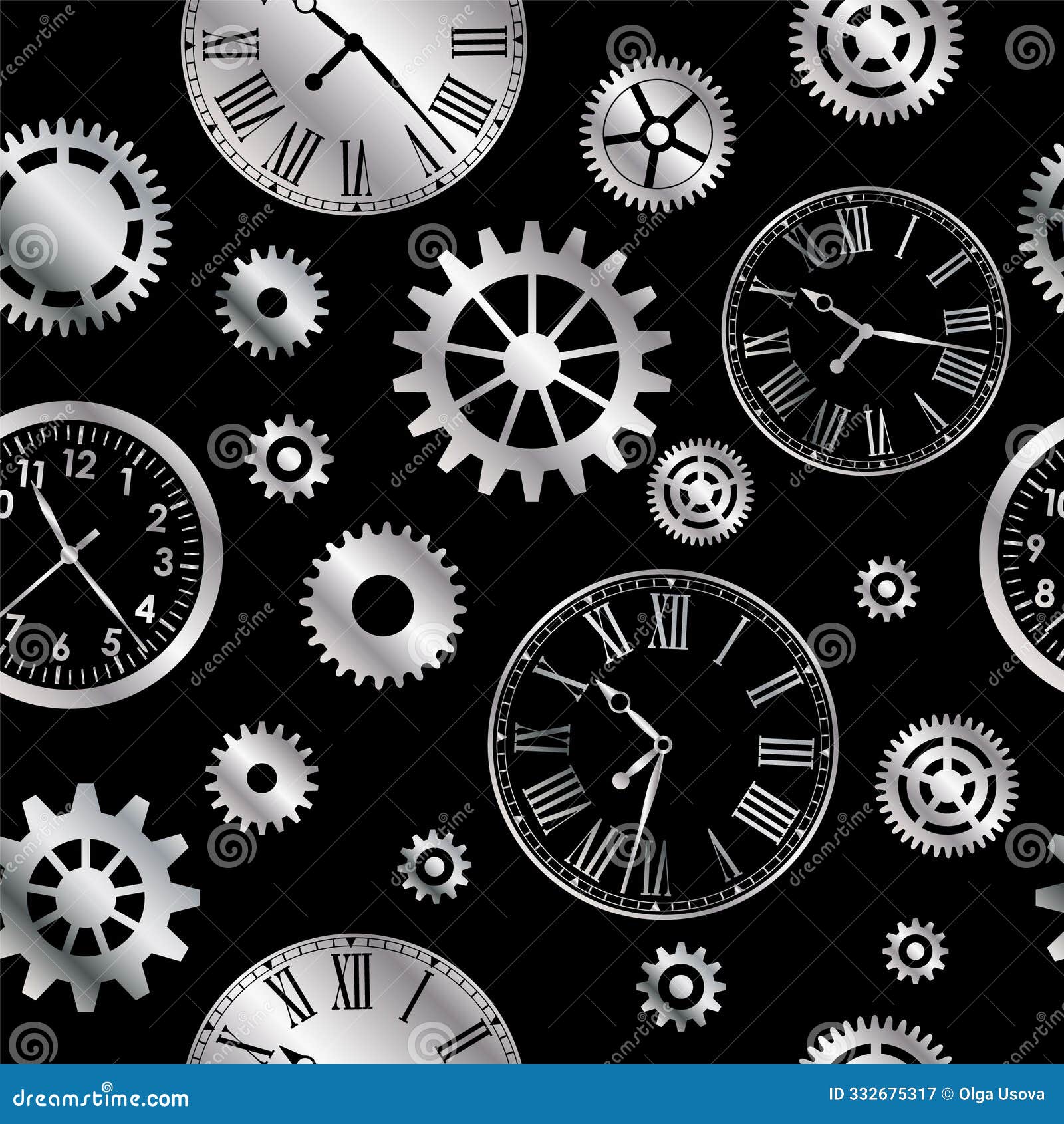 Silver Metallic Mechanical Gears and Clocks Seamless Pattern on Black ...