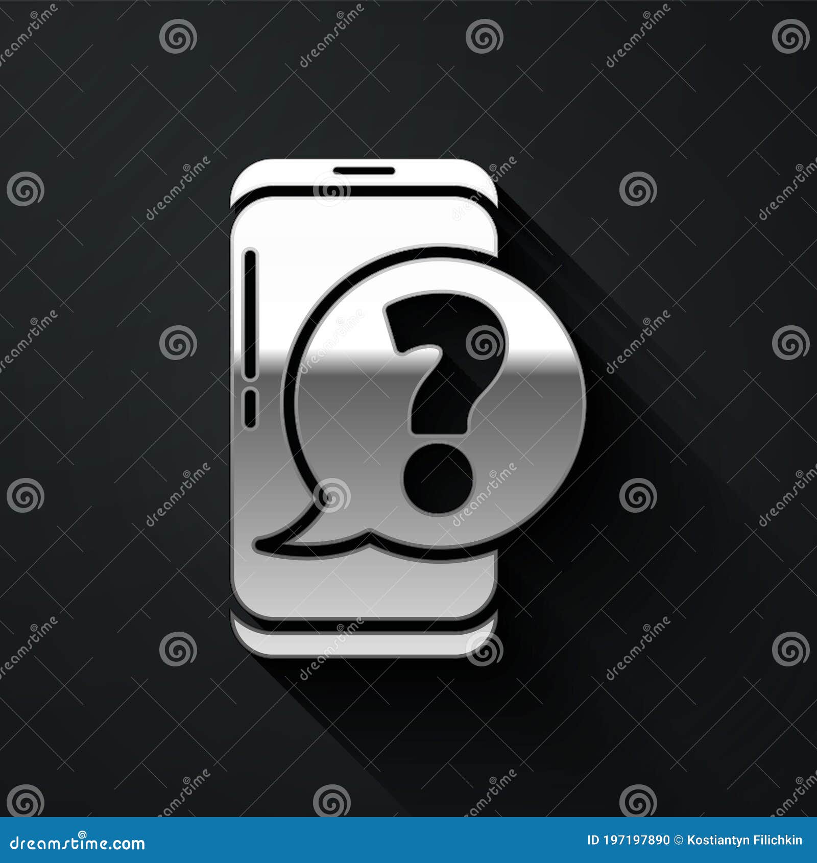 Silver Mobile Phone with Question Icon Isolated on Black Background ...