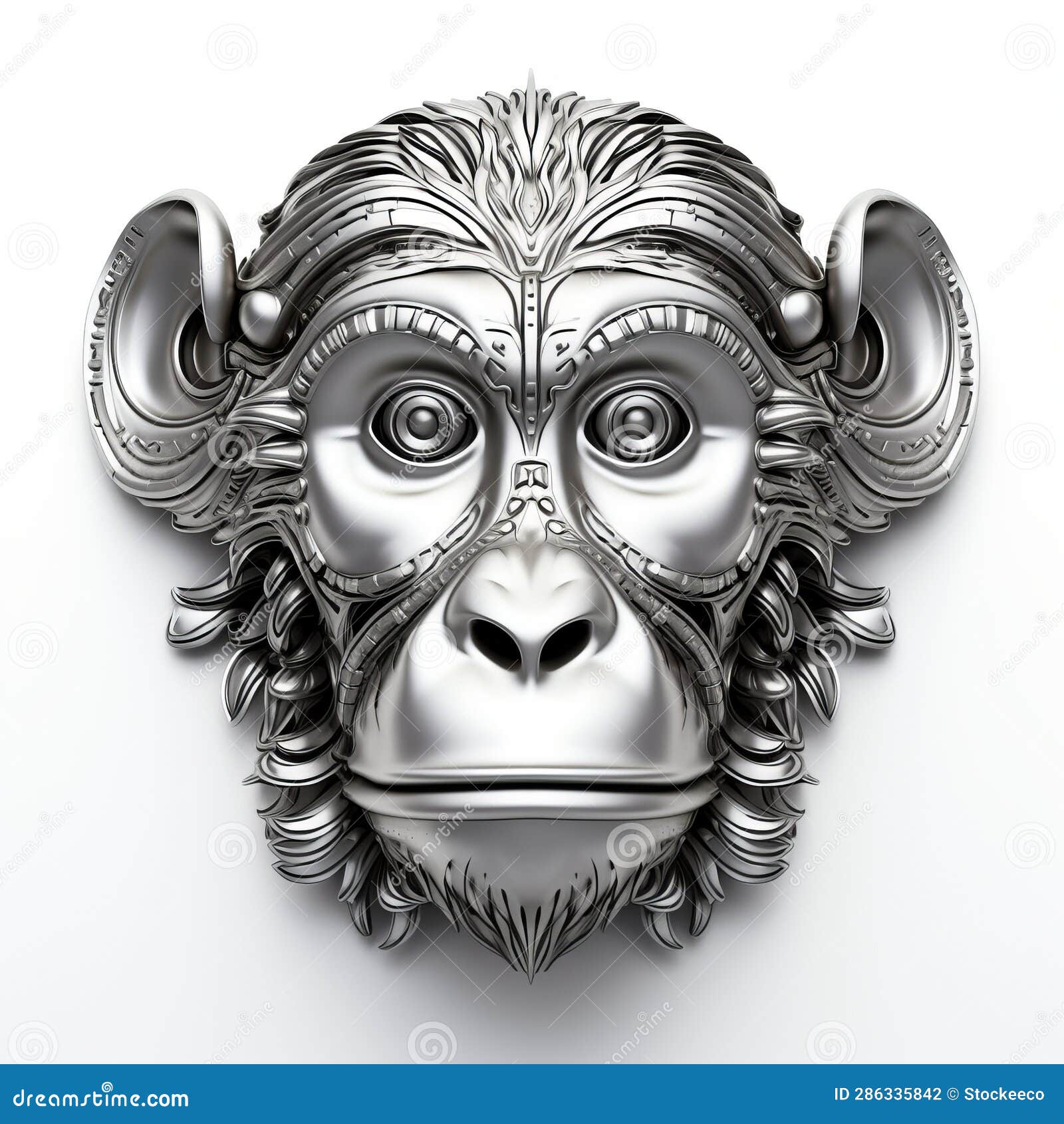 Silver Monkey Head 3d Illustration with Ornate Simplicity Stock ...