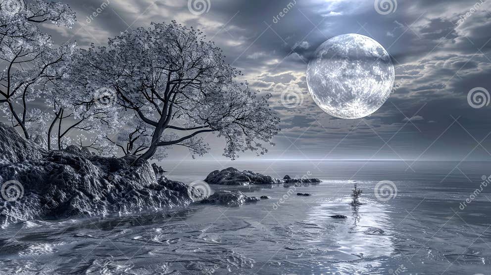 Silver moonlit scene stock illustration. Illustration of silver - 309177808