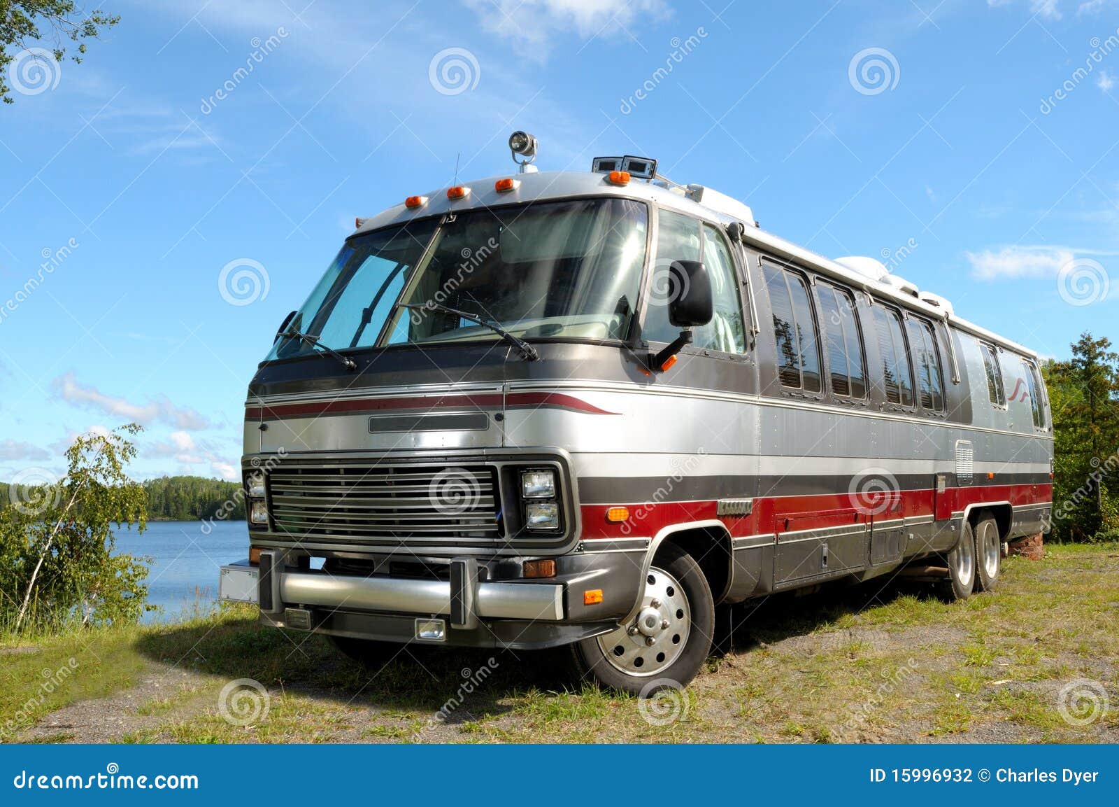 Silver Motorhome stock photo. Image of lake, round, coach - 15996932