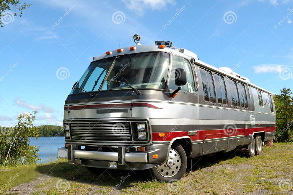 Silver Motorhome stock photo. Image of lake, round, coach - 15996932