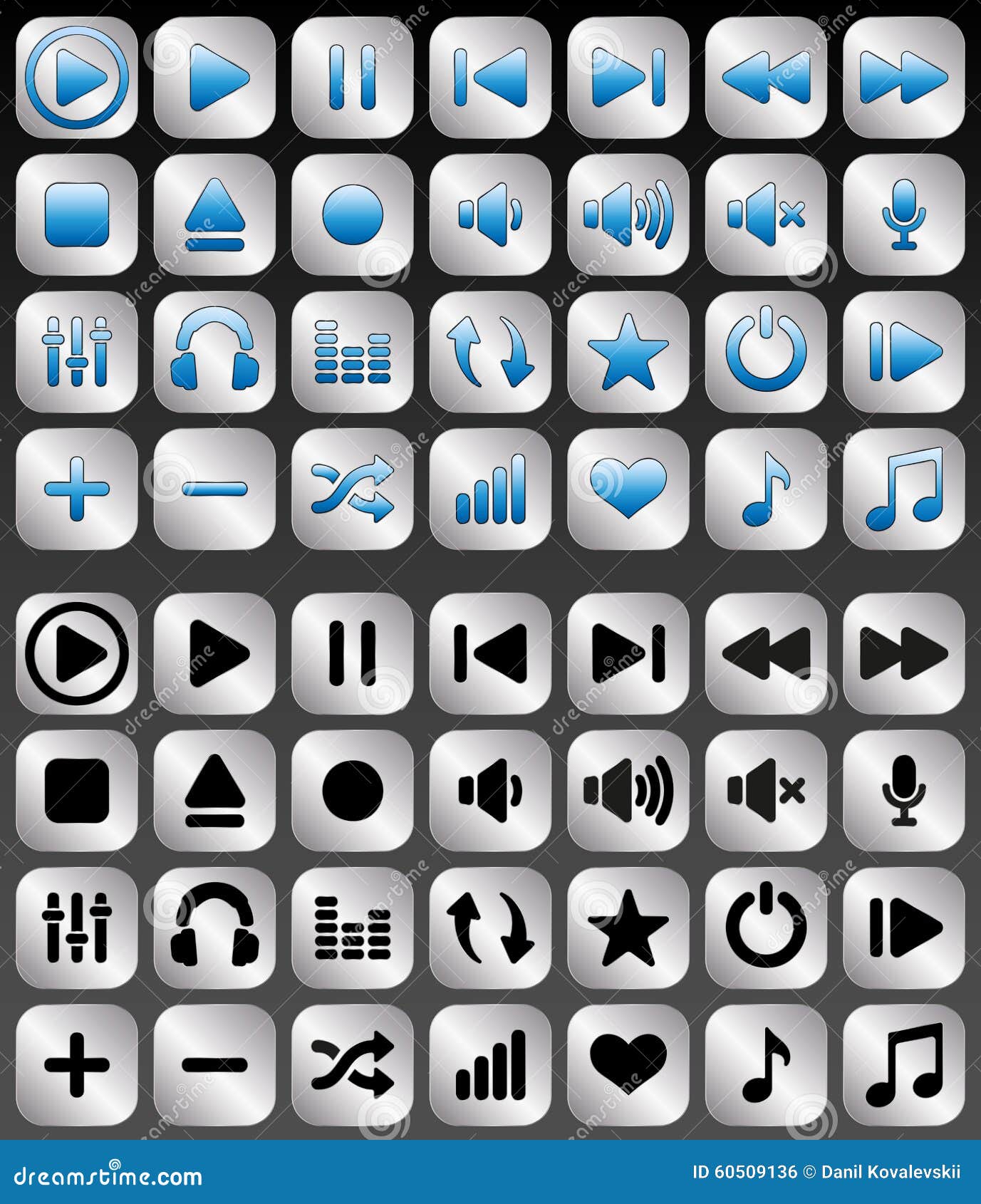 Silver music buttons set stock illustration. Illustration of previous ...