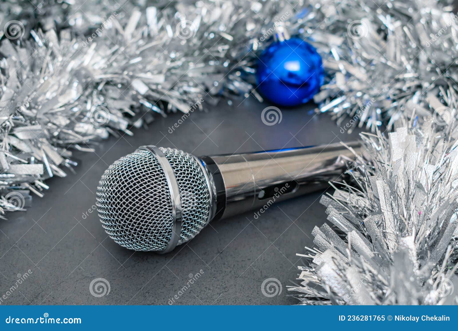 Microphone and Decorations on a Christmas Tree for a Party Stock Image ...