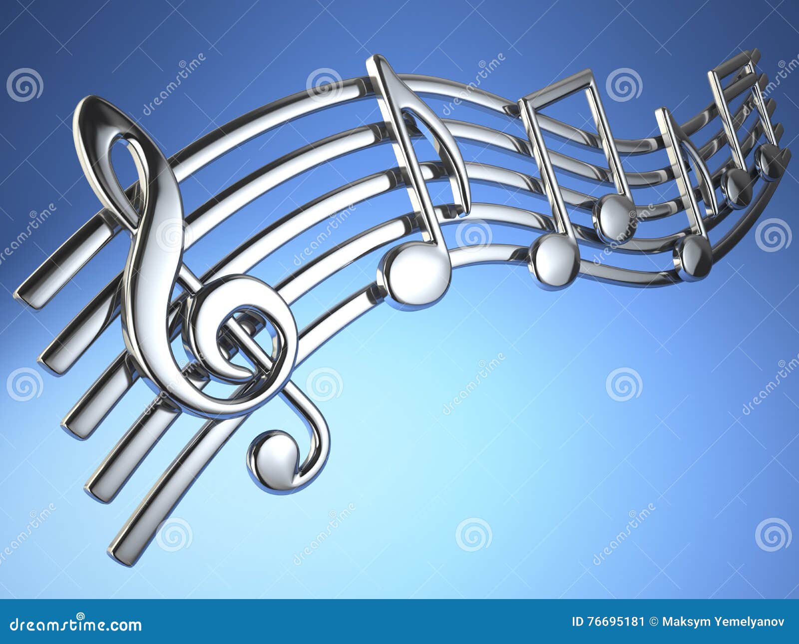 Silver Music Notes and Treble Clef on Musical Strings on Blue Ba Stock ...