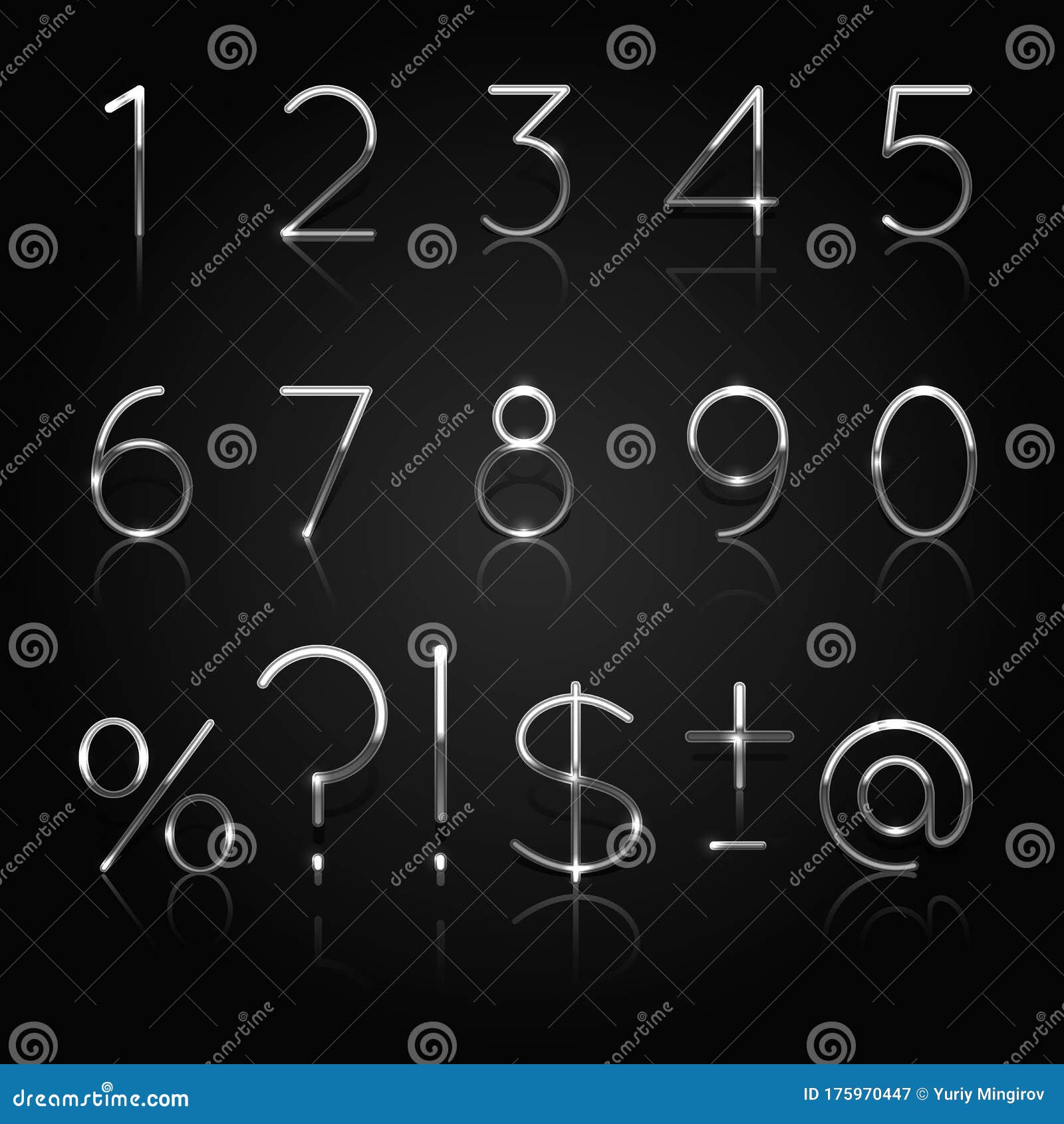 Silver Numbers. Set of Silver Numbers and Punctuation Marks Isolated on ...