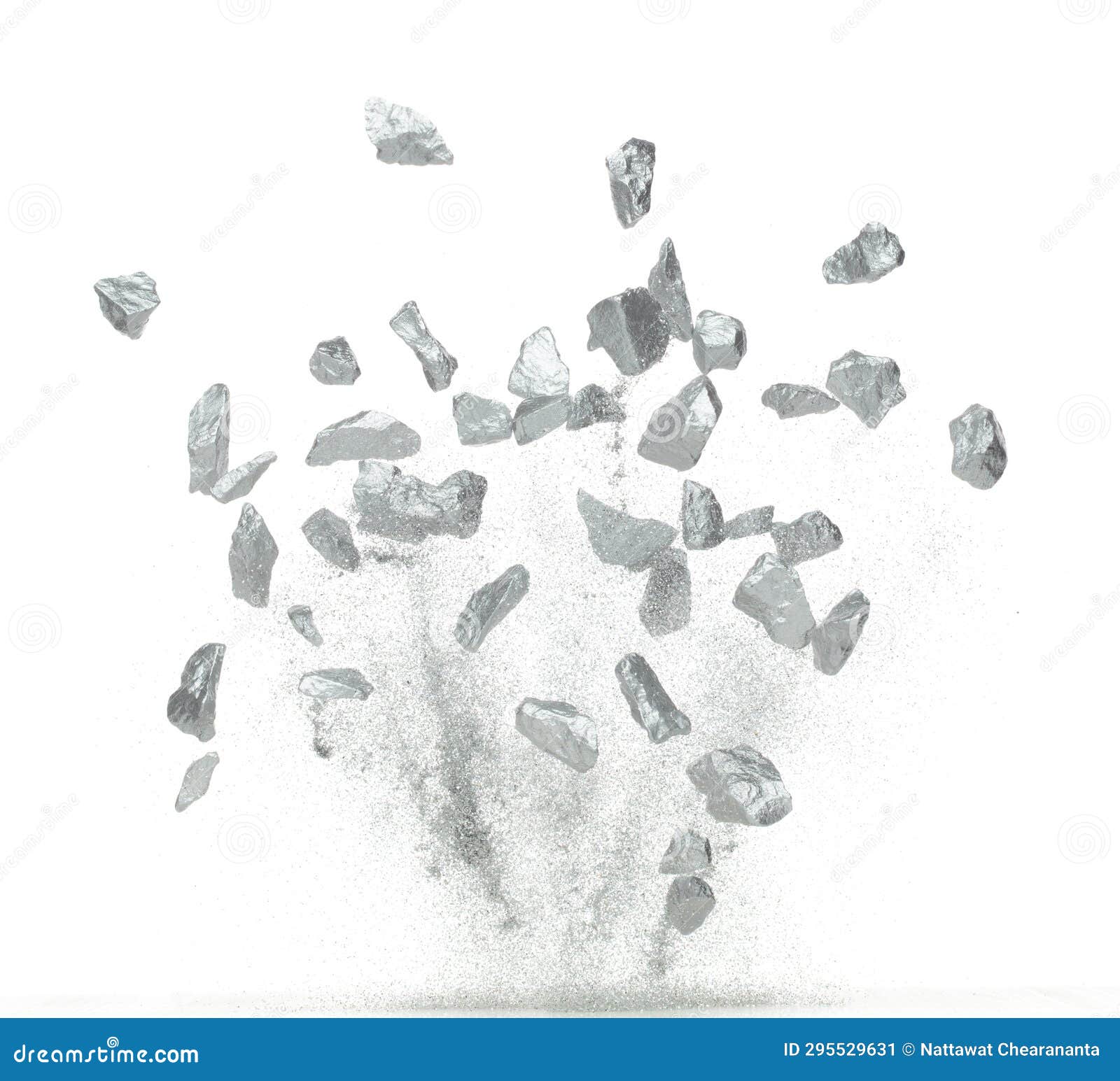 Silver Ore Nugget Fly Fall from Mining Float in Air. Many Pieces Silver ...