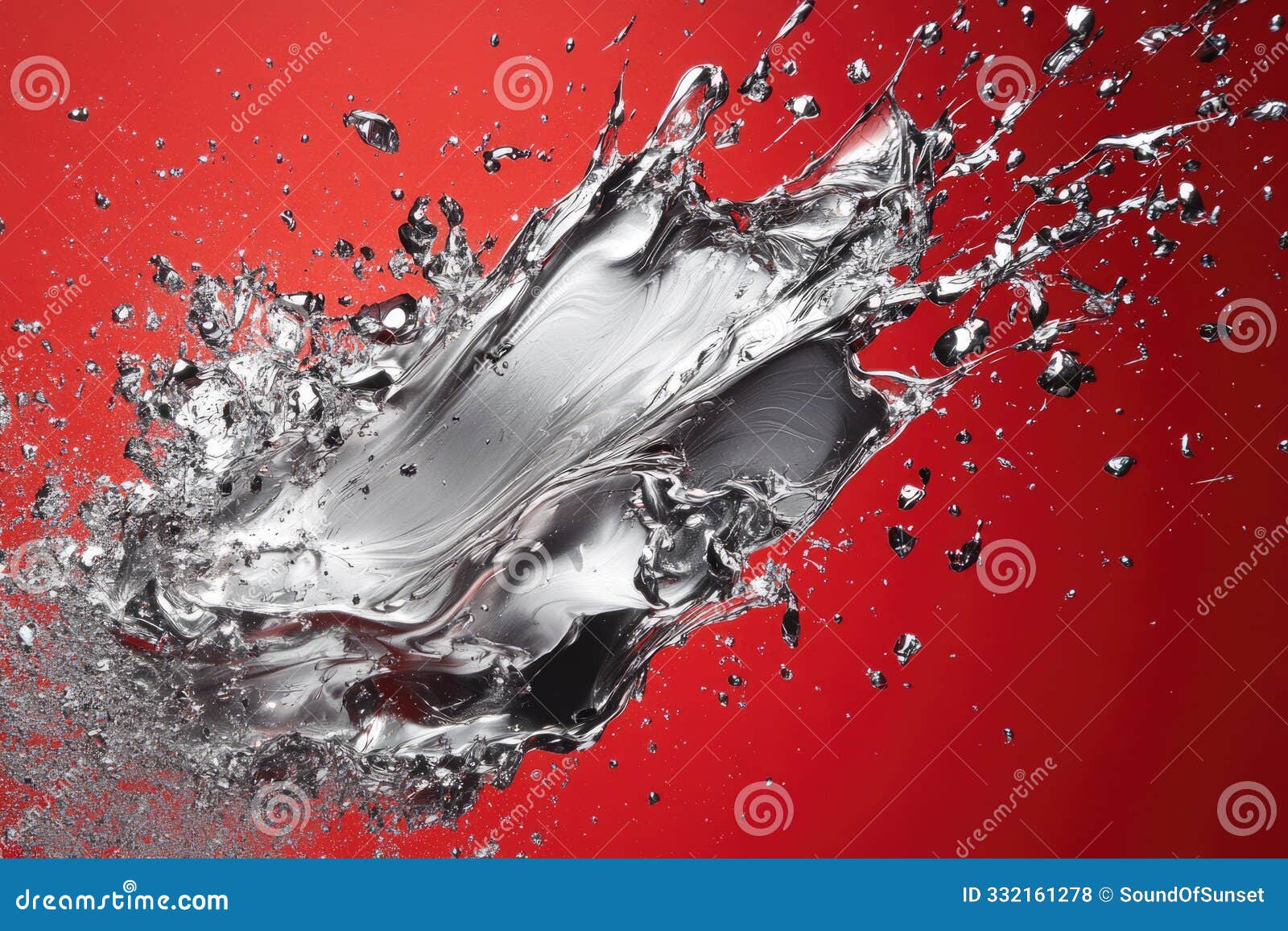Silver Paint Explosion on Red Background. Mercury Quicksilver Splash ...