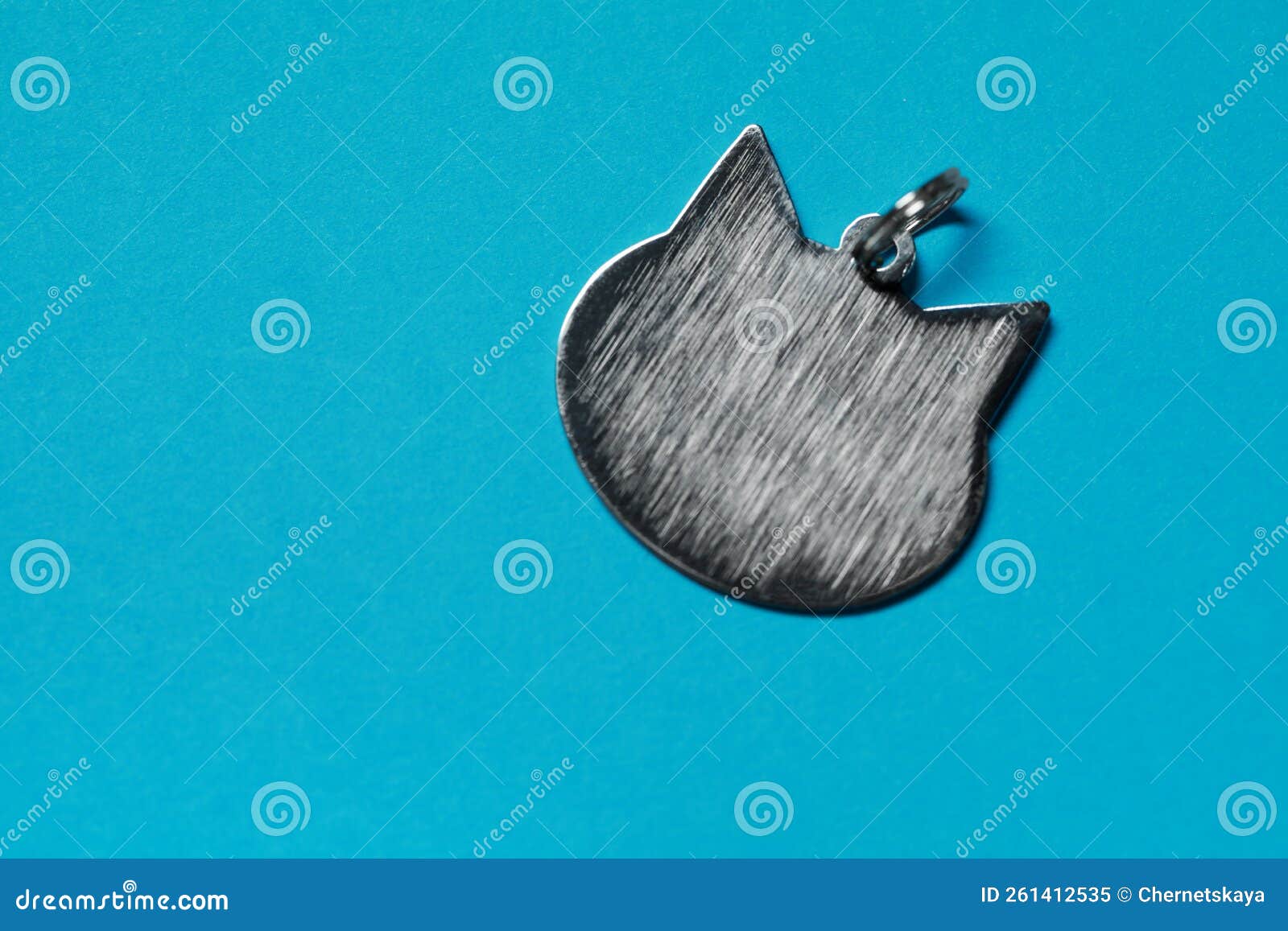 Silver Pet Tag in Shape of Cat with Ring on Light Blue Background, Top ...
