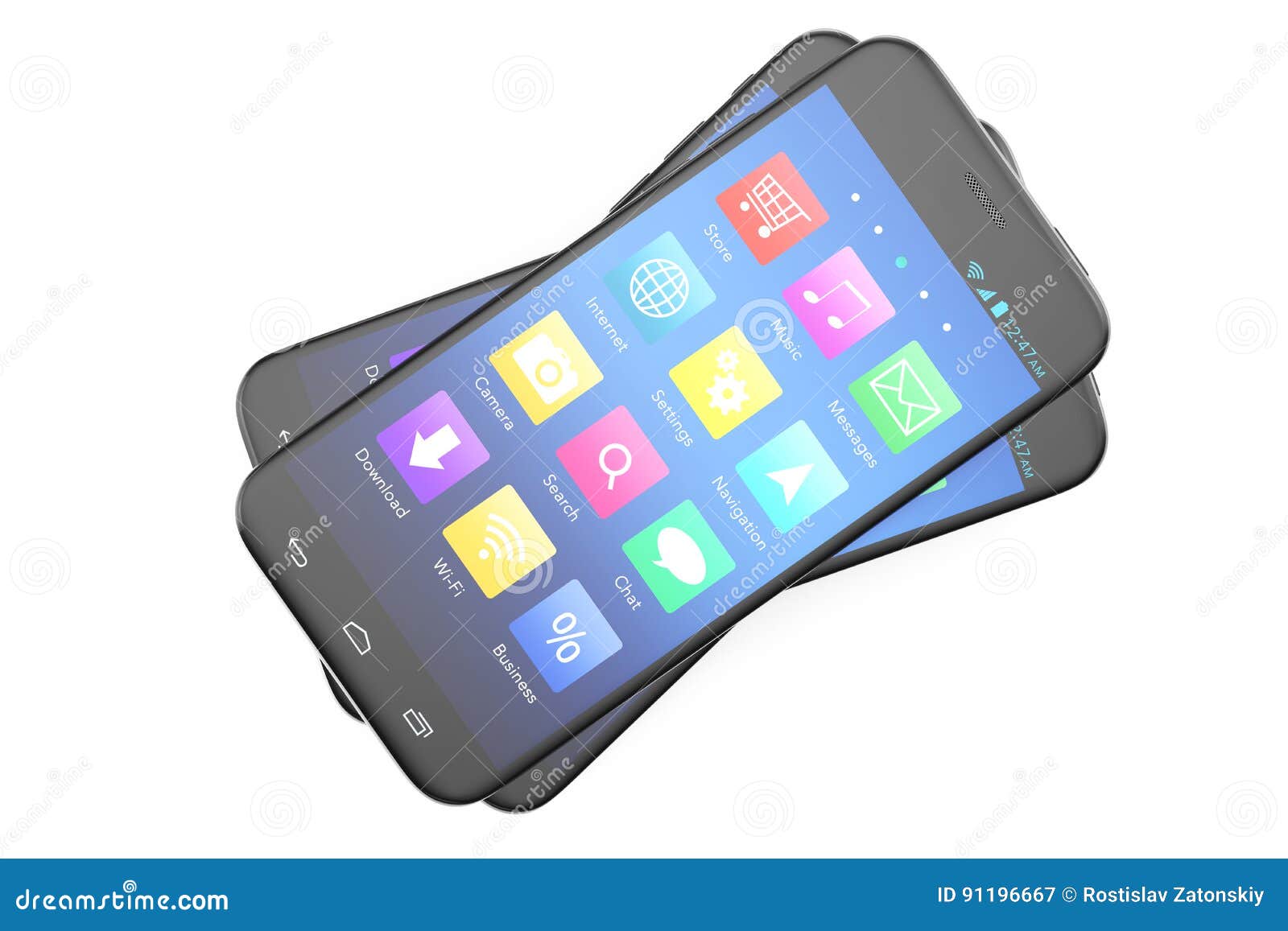 A Silver Phone Width a Blue Screen and Icons, Isolated on White ...