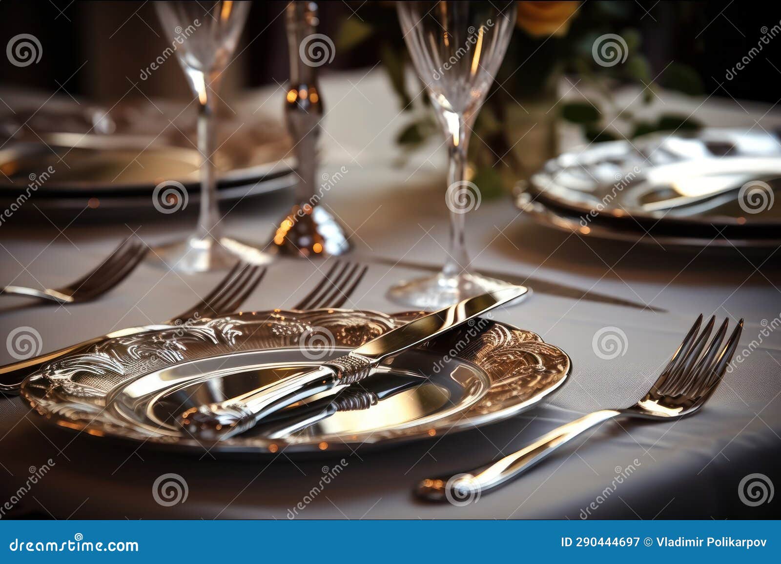 Silver Plate with Silverware on Table Stock Image - Image of tableware ...