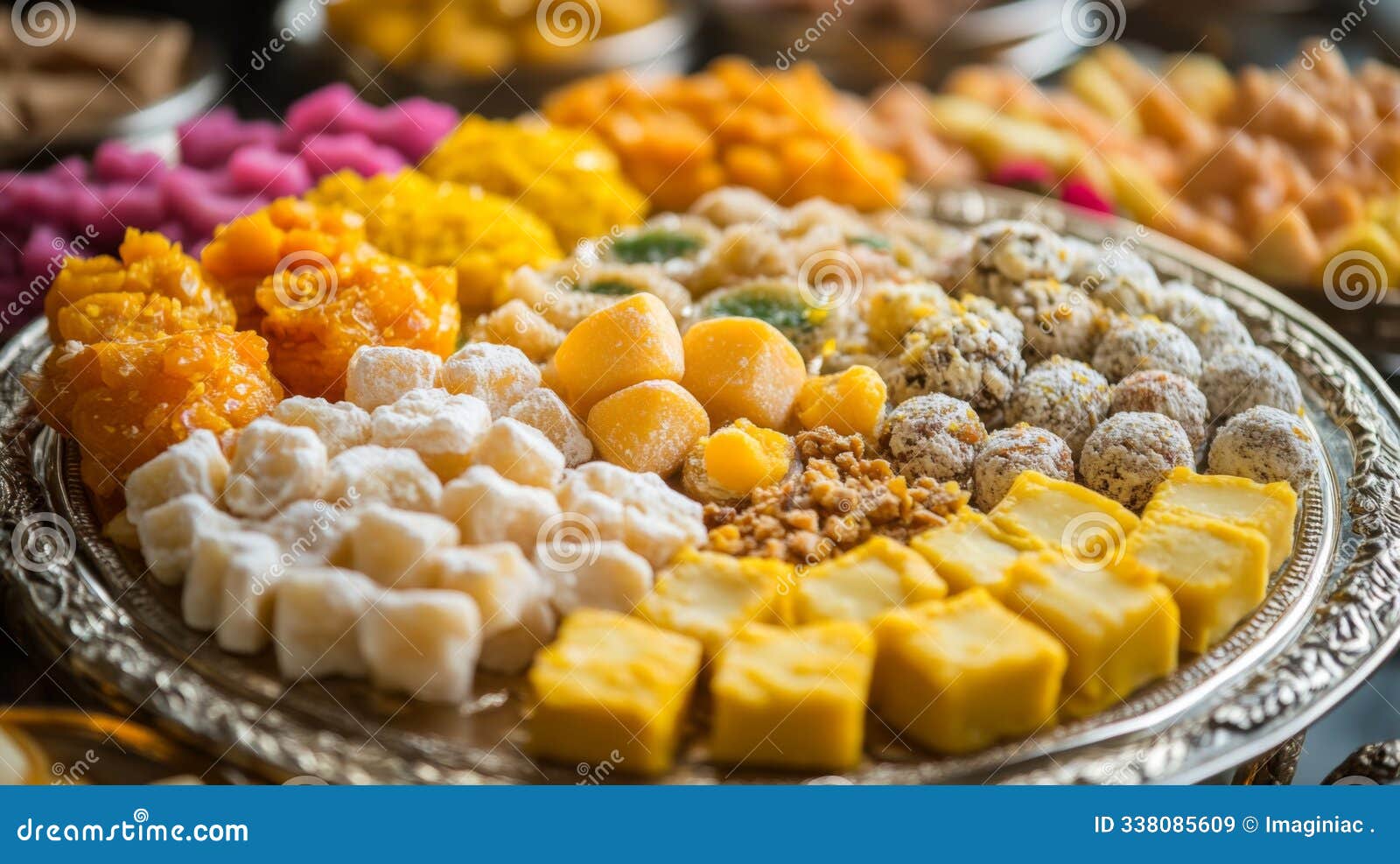 A Silver Platter Filled with Assortment of Indian Sweets Stock ...